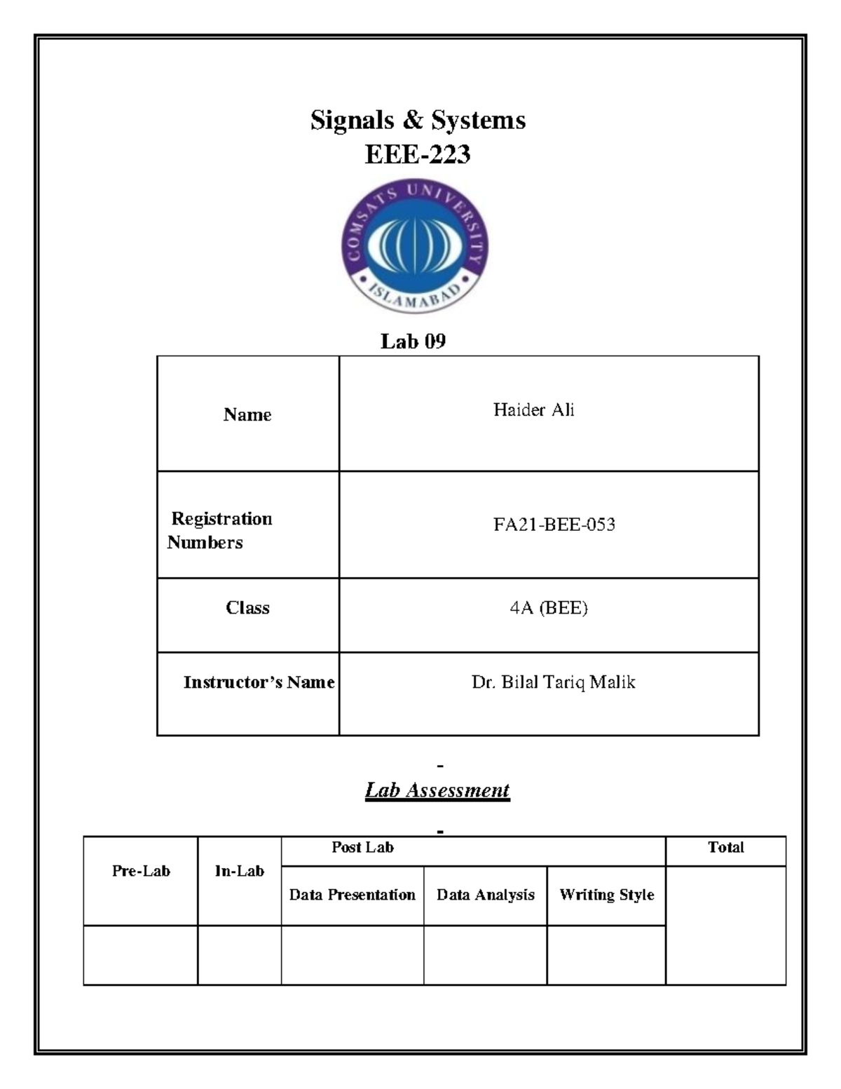 SNS LAB Report 09 - Signals & Systems EEE- Lab 09 Name Haider Ali Registration Numbers FA21-BEE ...