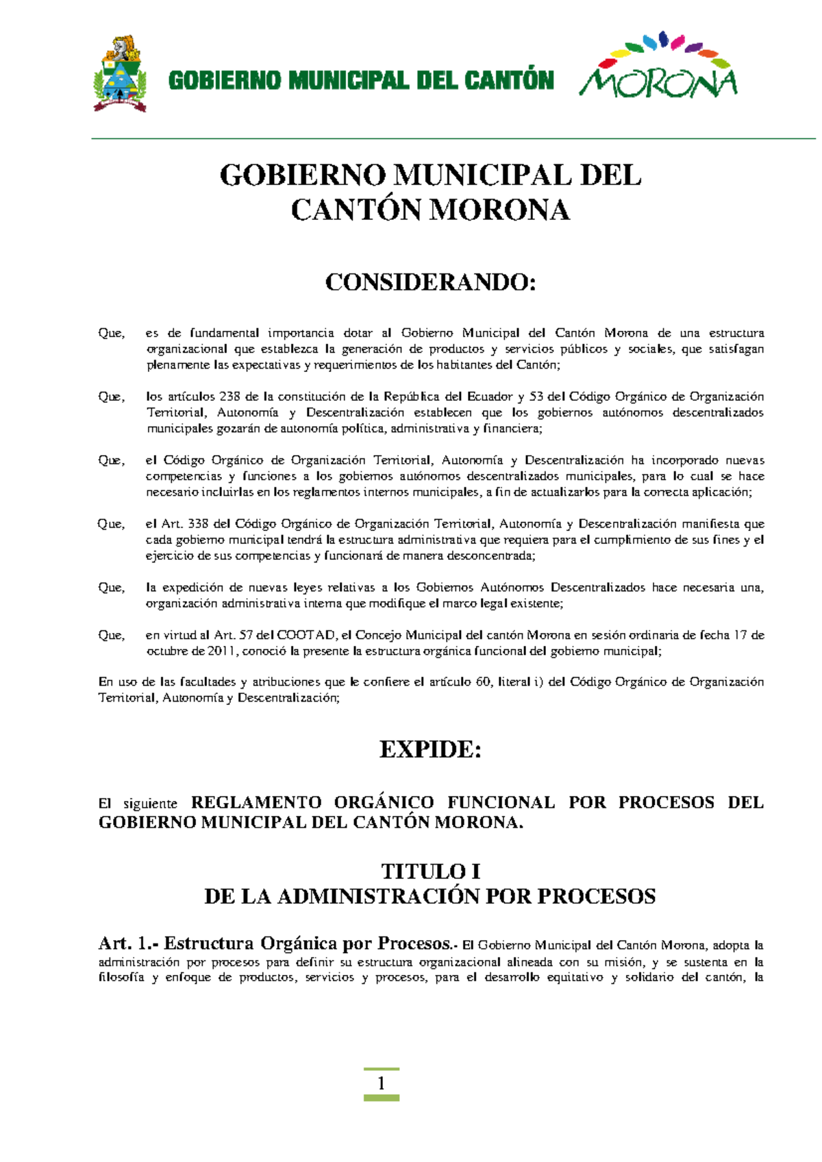 1. Reglamento Organico Funcional POR Procesos DEL GMCM - GOBIERNO ...