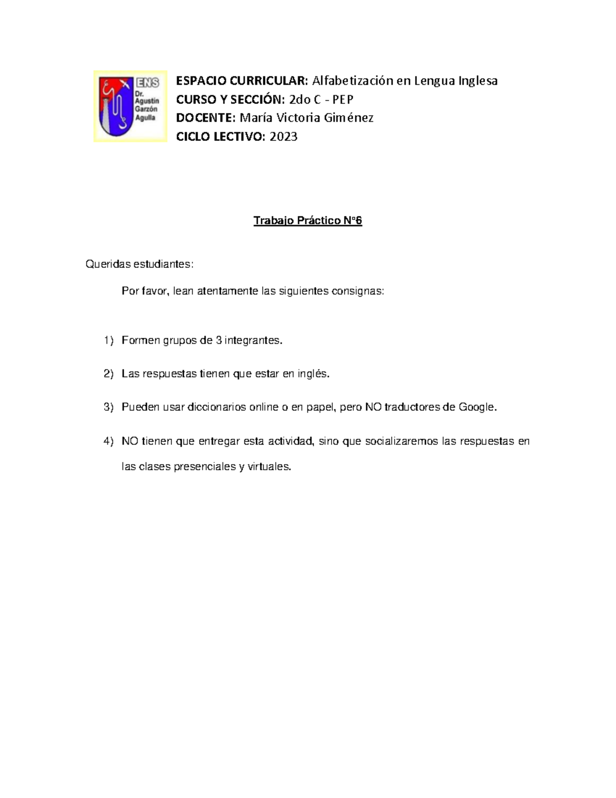 2C PEP - TP6 - Ingles - ESPACIO CURRICULAR: Alfabetización en Lengua ...