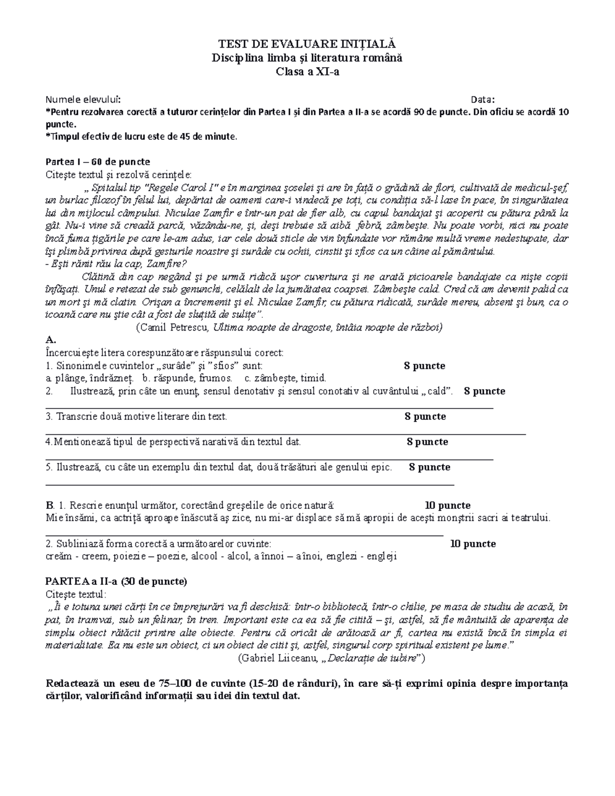 Test initial xibarem fisa de analiza - TEST DE EVALUARE INIȚIALĂ ...