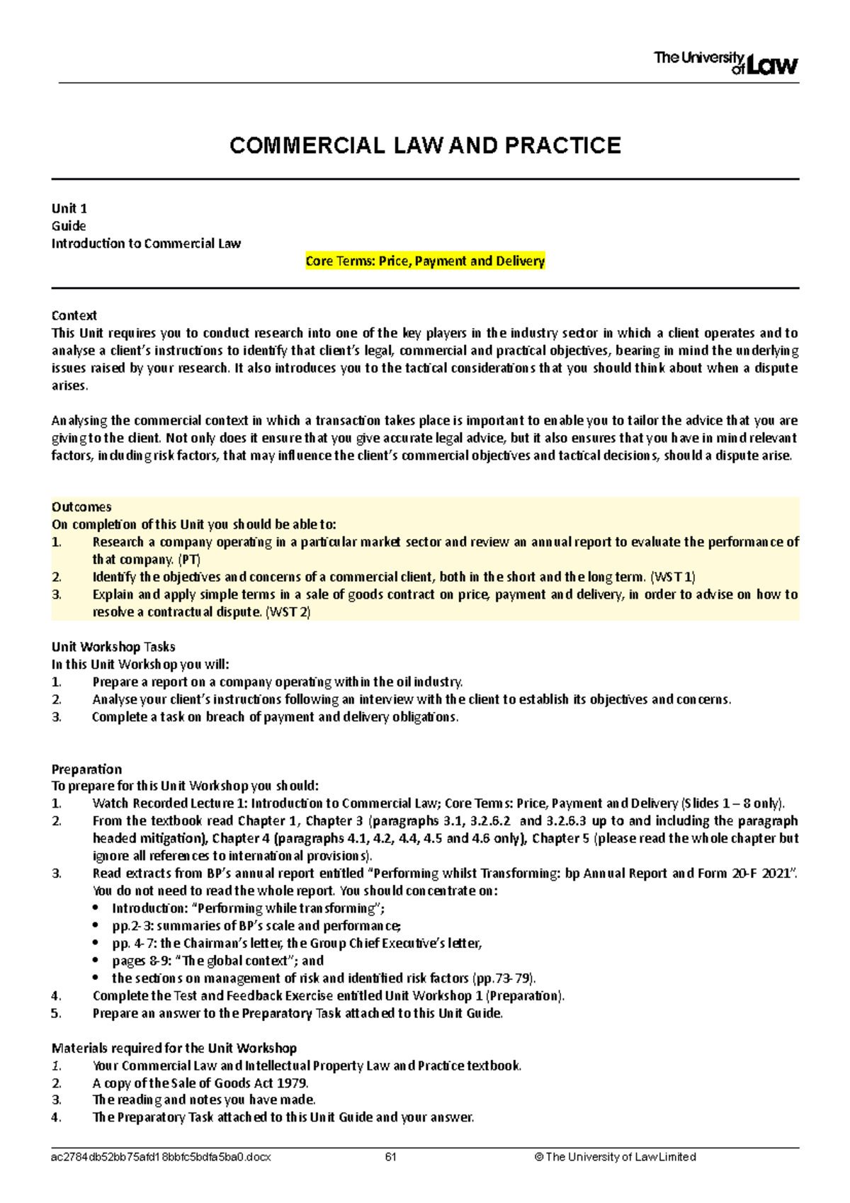 Commercial 1 workshop guide - COMMERCIAL LAW AND PRACTICE Unit 1 Guide ...