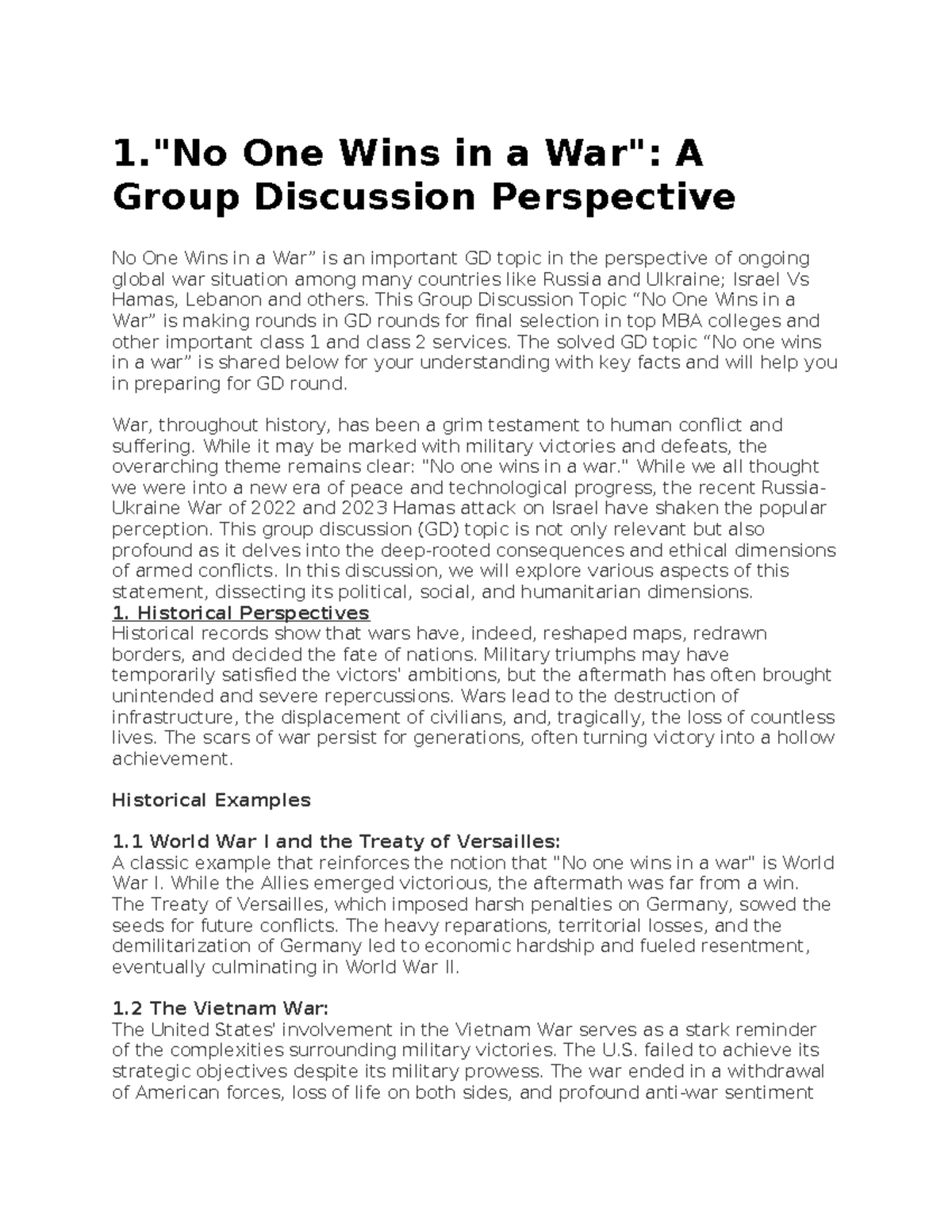 GD Topics-Helpful Content - 1."No One Wins in a War": A Group ...
