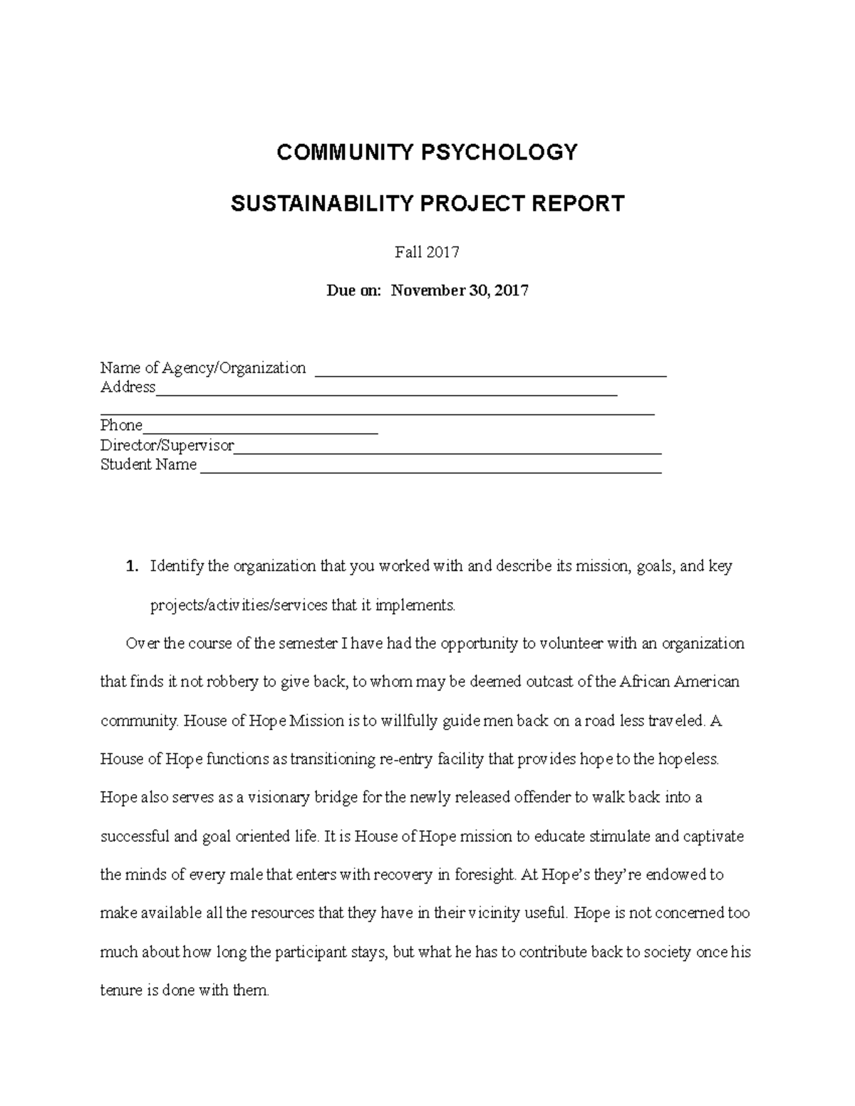 Community Psychology Project - COMMUNITY PSYCHOLOGY SUSTAINABILITY ...