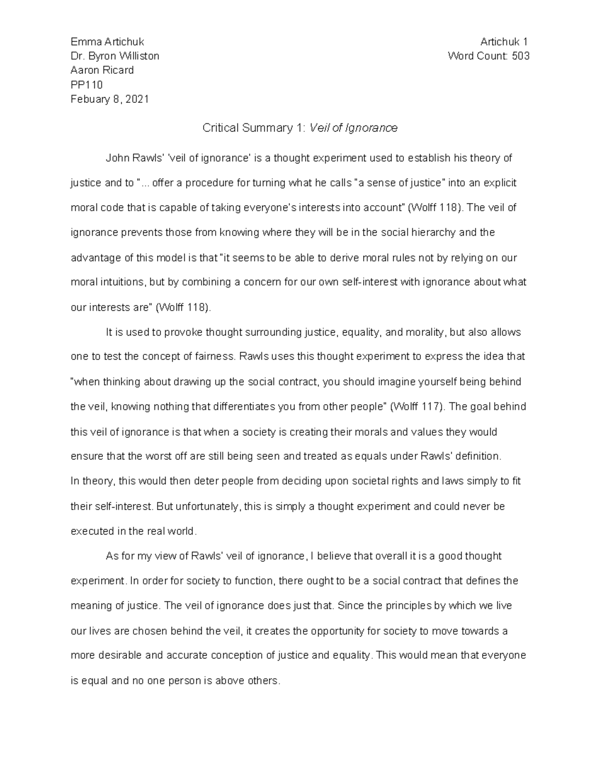 Critical Summary number 1 - Emma Artichuk Artichuk 1 Dr. Byron ...