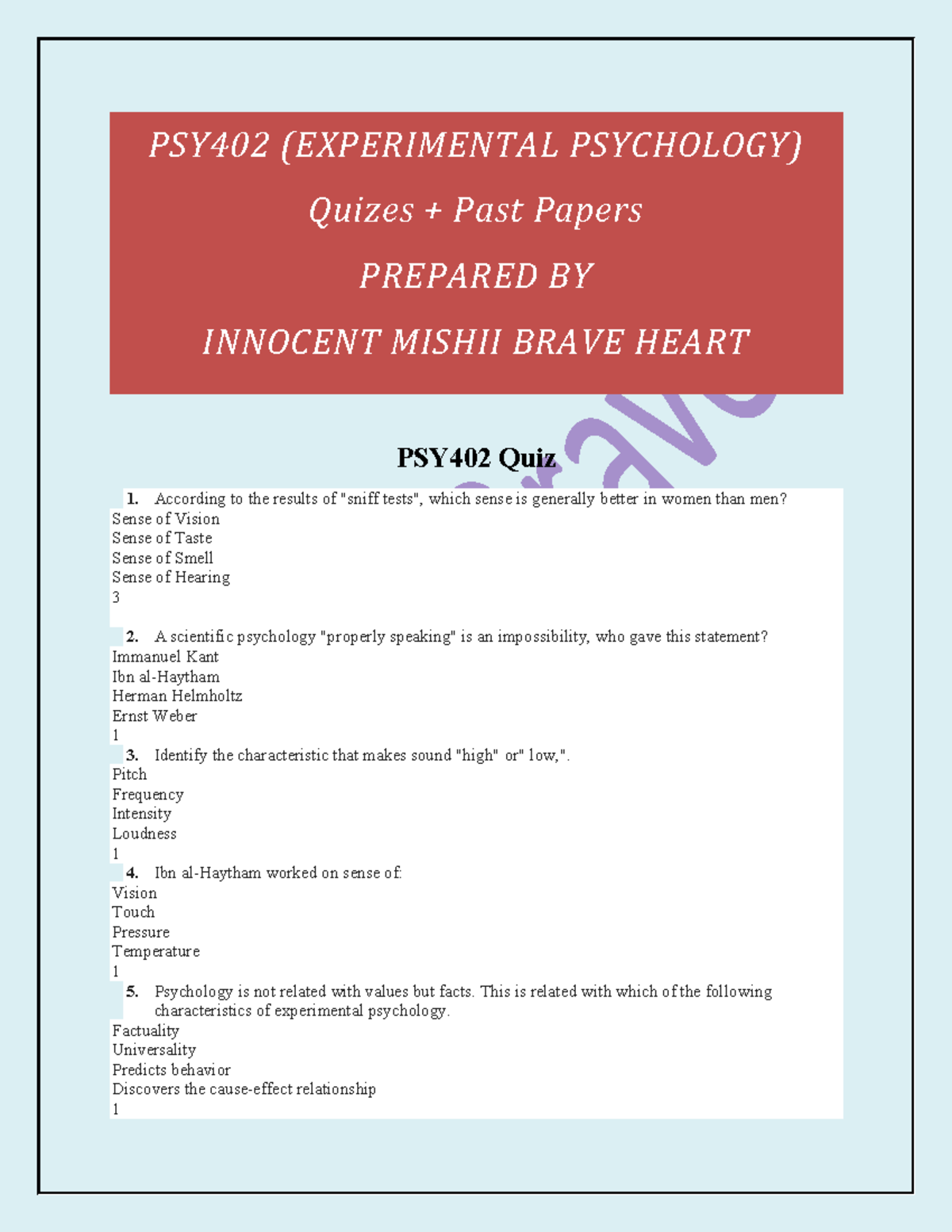 PSY402 Megafile - PSY402 (EXPERIMENTAL PSYCHOLOGY) Quizes + Past Papers ...