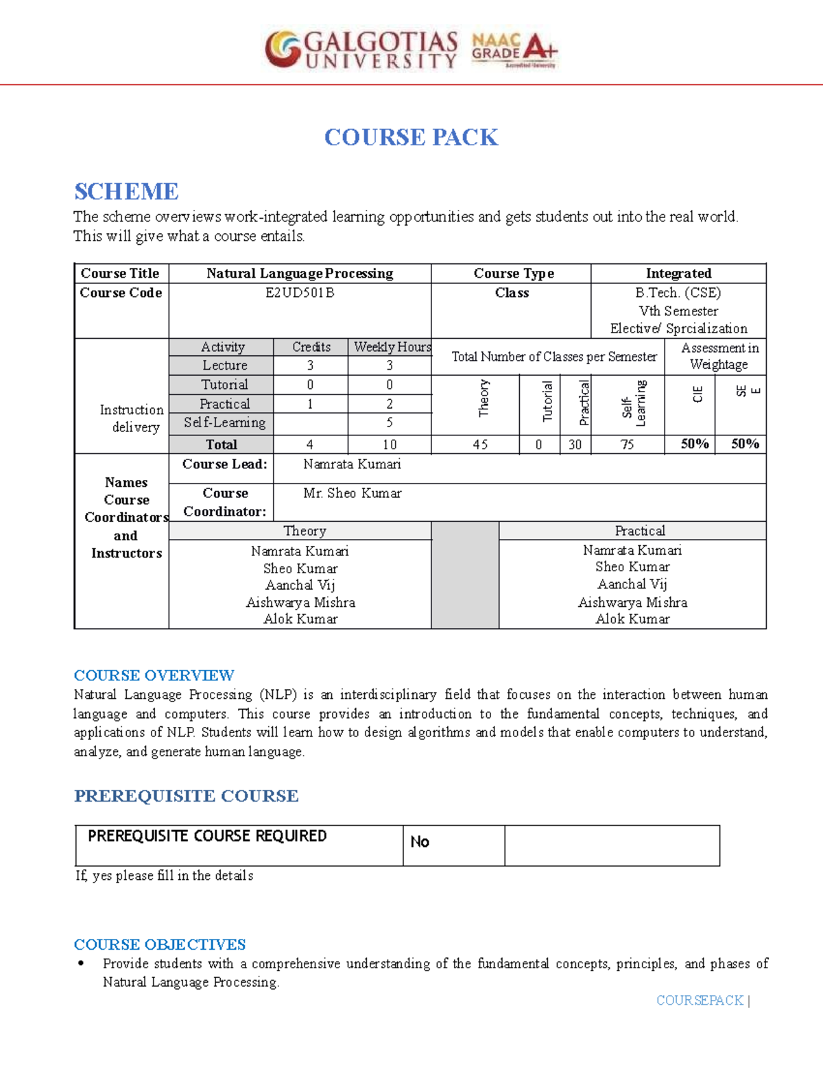 NLP Coursepack Sem5th - COURSE PACK SCHEME The scheme overviews work ...