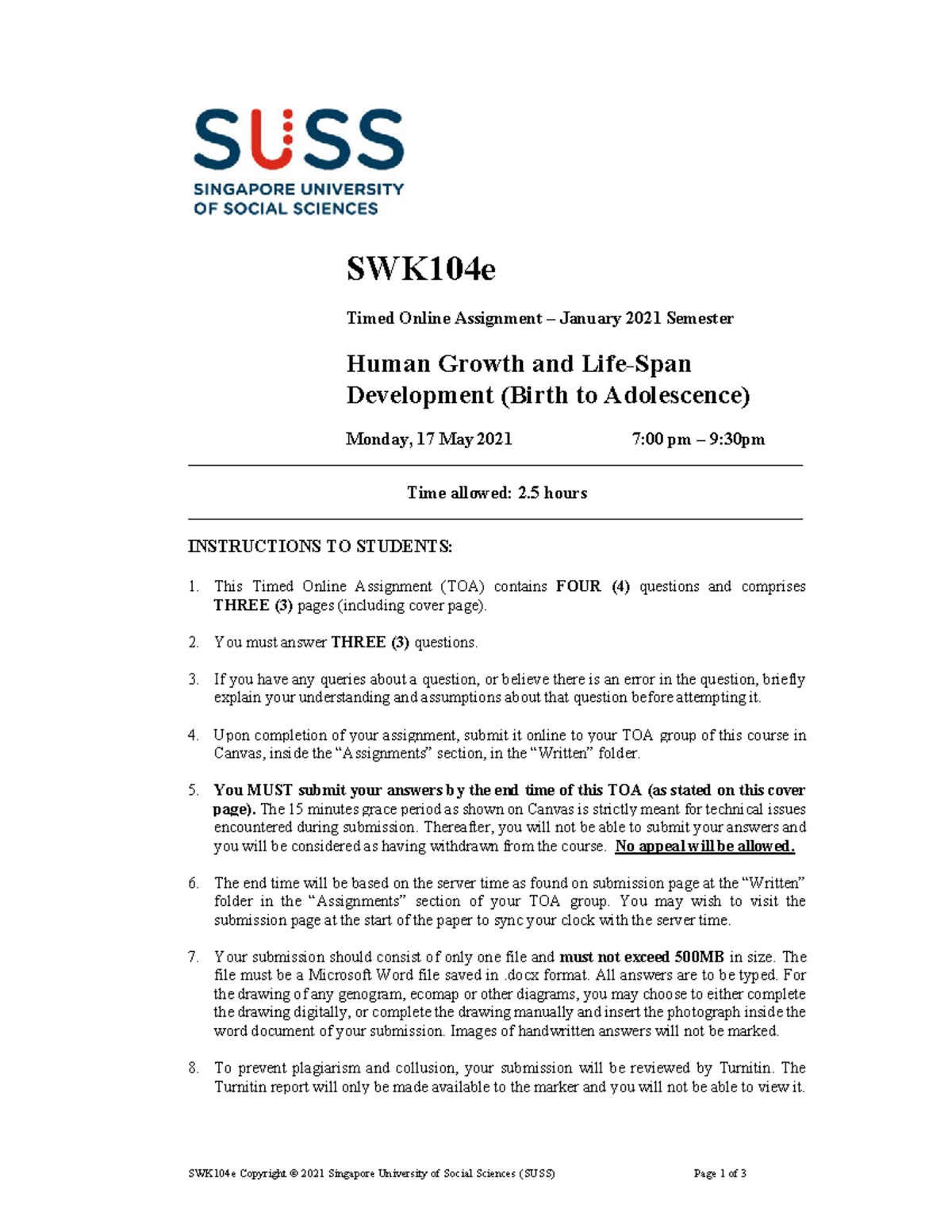 SWK104 JAN 2021 Exam Paper - SWK104e Copyright © 2021 Singapore ...