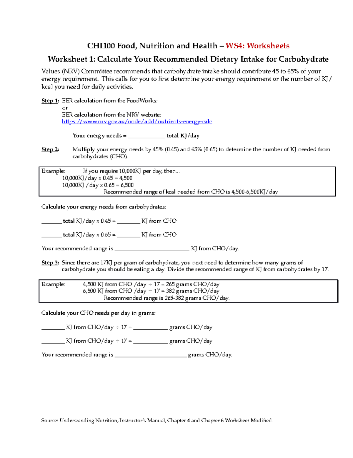 WS4 Carbohydrate Protein Worksheets - CHI100 Food, Nutrition and Health ...