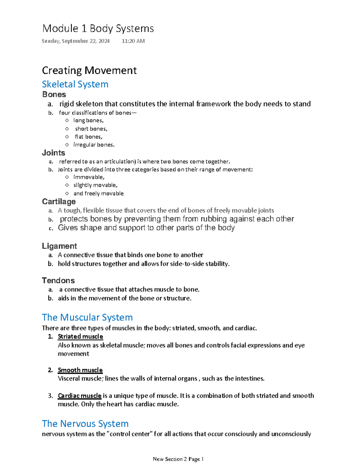 Module 1 Body Systems - Creating Movement Skeletal System Bones a ...