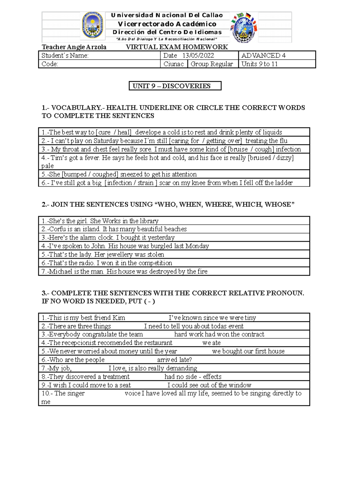 Virtual EXAM Homework Advanced 4 April 2022 - Teacher Angie Arzola ...