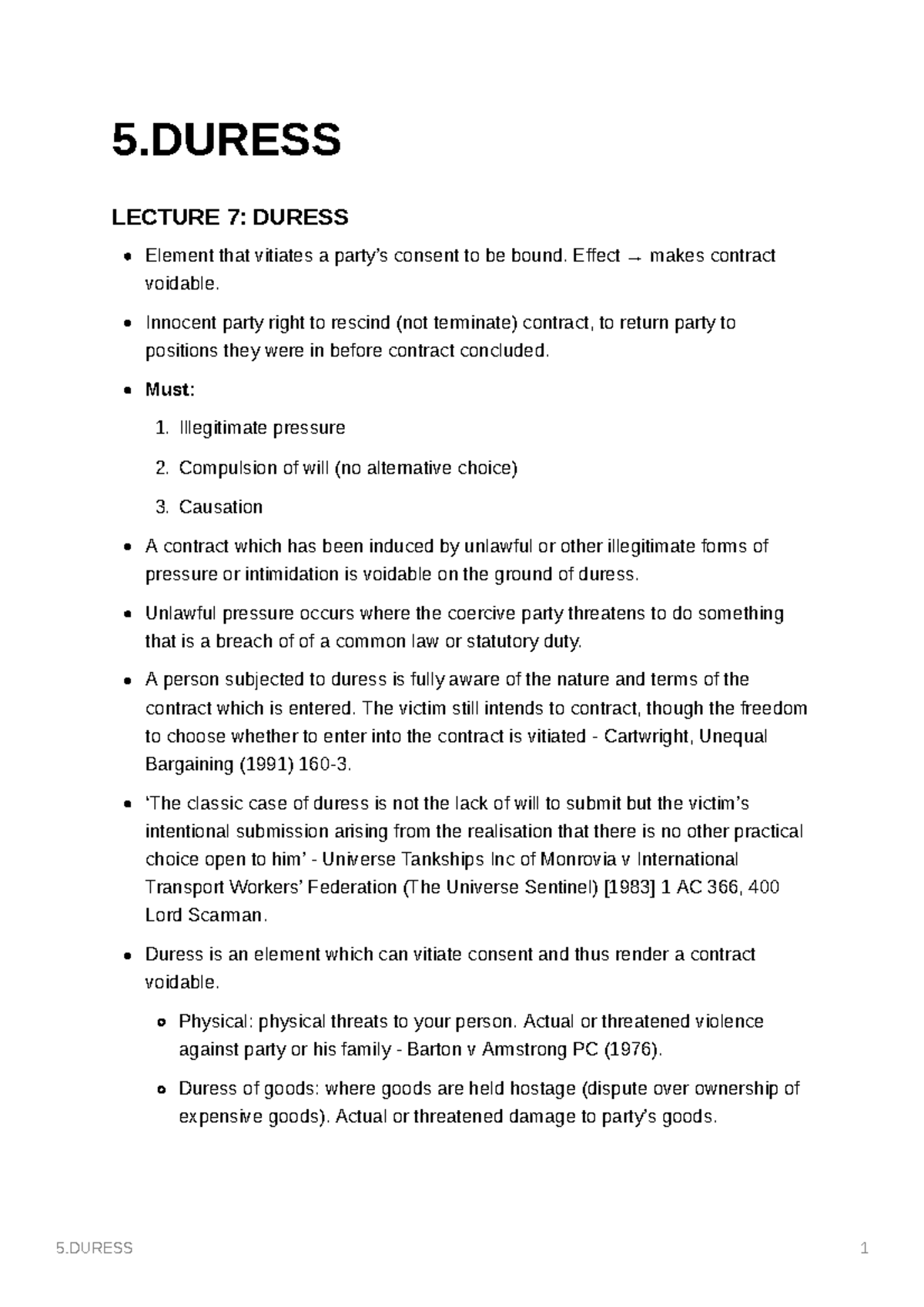 5.duress copy - Summary Contract Law - 5 1 5 .DURESS LECTURE 7 : DURESS ...