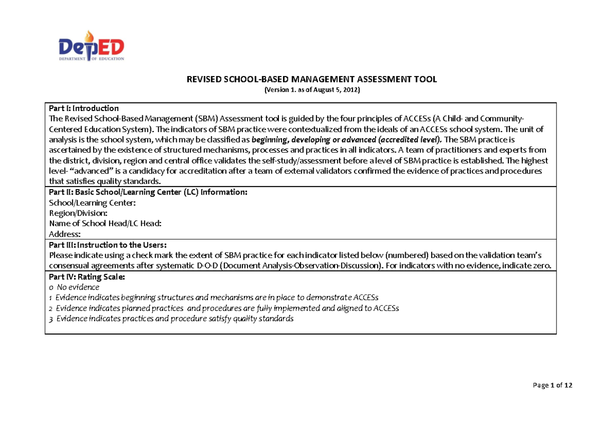 Revised sbm assessment tool as of august 12 2012 - REVISED SCHOOL-BASED ...