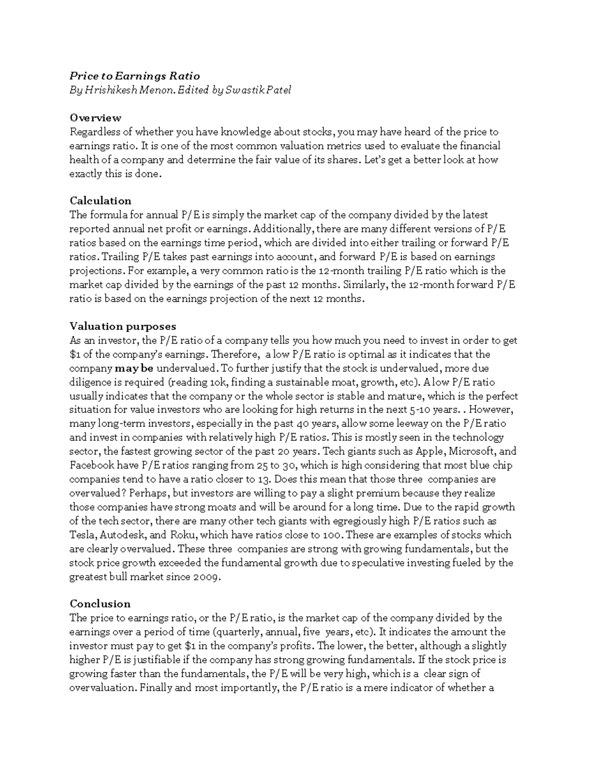 P E Ratio - Price to Earnings Ratio By Hrishikesh Menon. Edited by ...