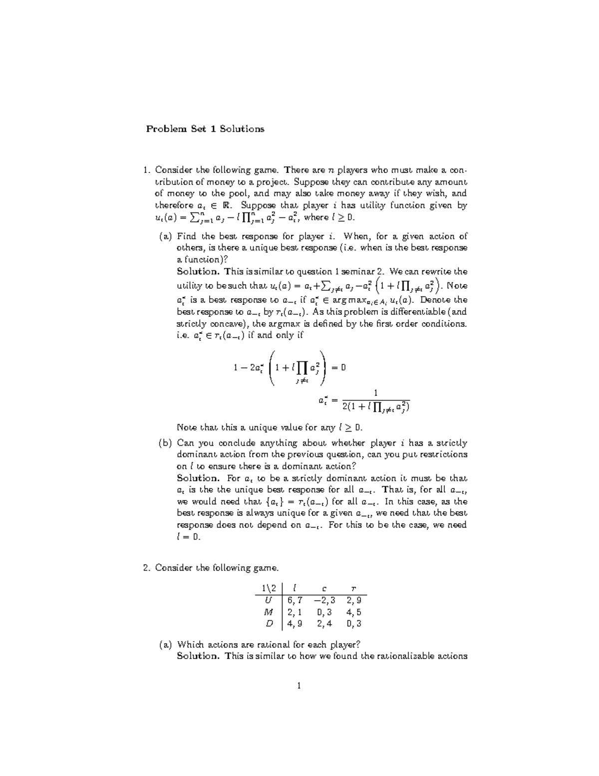 PS1 2022 solutions - Problem Set 1 Solutions Consider the following game. There arenplayers who ...