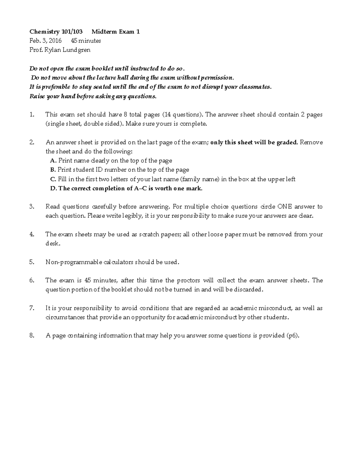 CHEM 101 2016 Midterm 1-1 - Chemistry 101/103 Midterm Exam 1 Feb. 3 ...