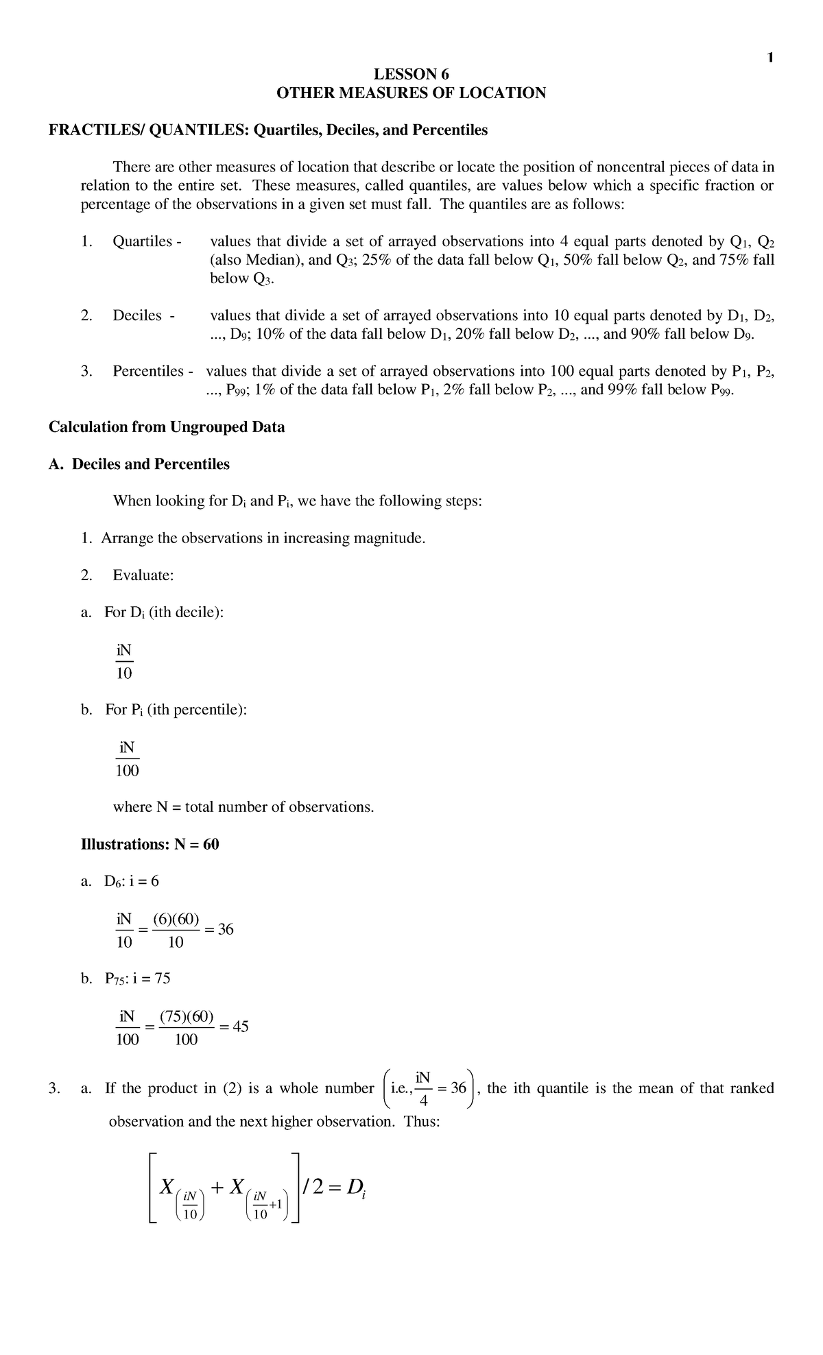 Module 6 BS - Business Statistics - LESSON 6 OTHER MEASURES OF LOCATION ...