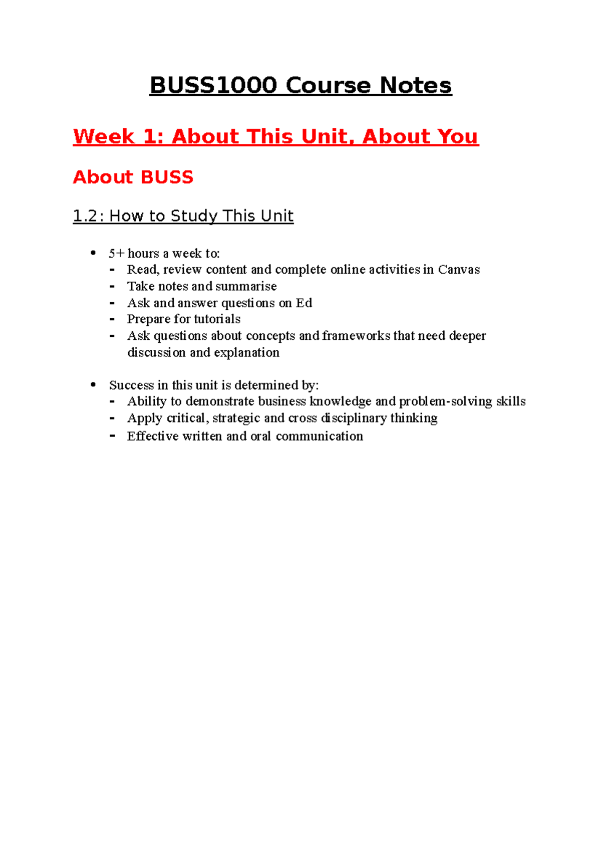 BUSS1000 Course Notes - BUSS1000 Course Notes Week 1: About This Unit ...