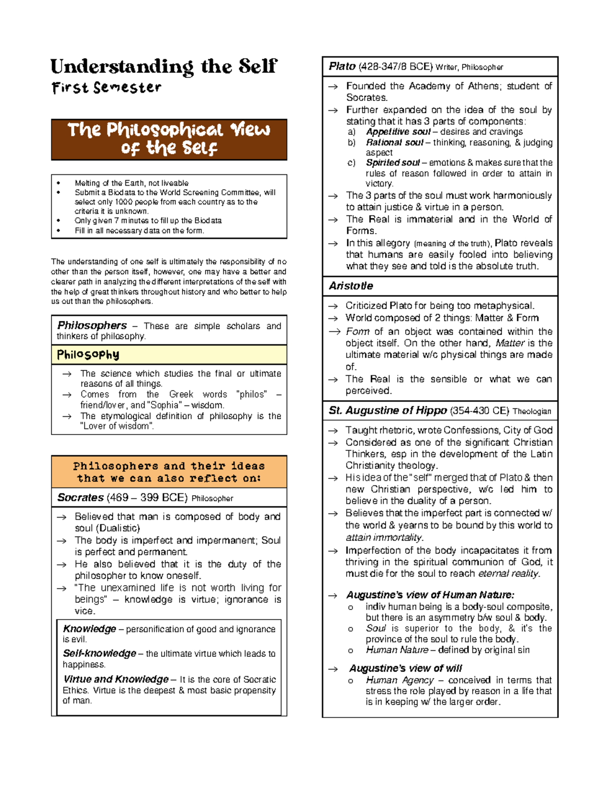 UTS Prelim Reviewer - Views of the Self - Understanding the Self ####### First Semester Melting ...