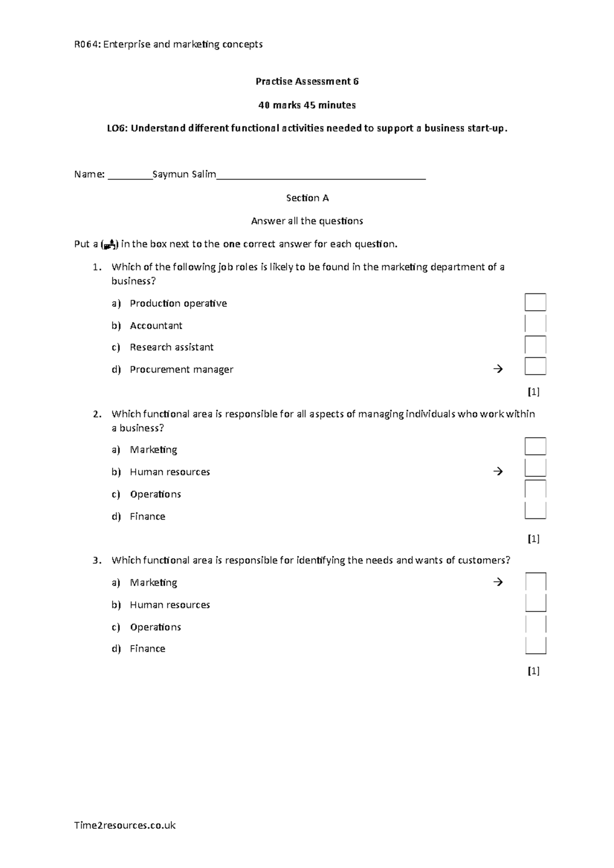 LO6 Business Test - dafaga - Practise Assessment 6 40 marks 45 minutes ...