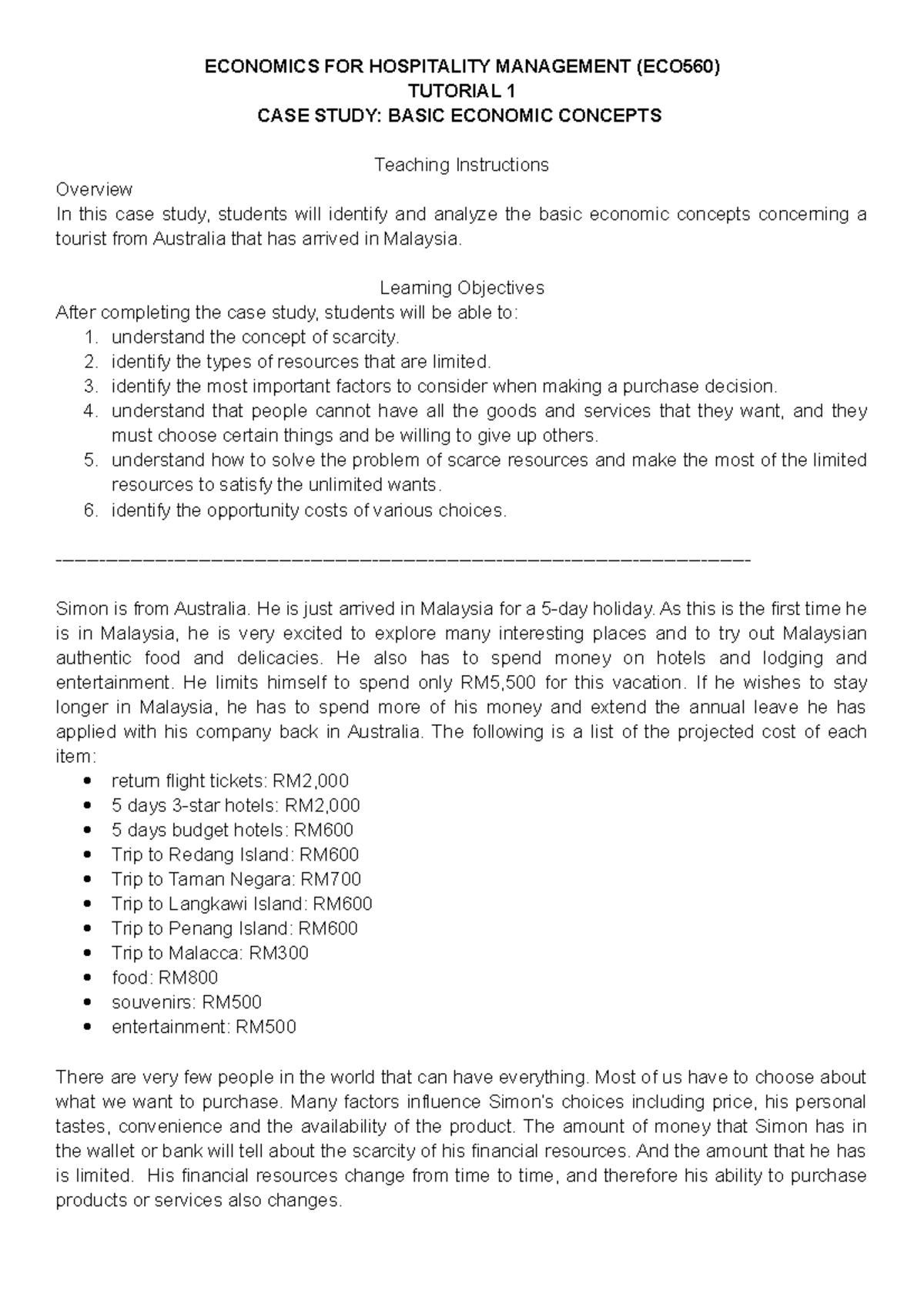 THE CASE OF A Tourist FROM Australia - ECONOMICS FOR HOSPITALITY ...