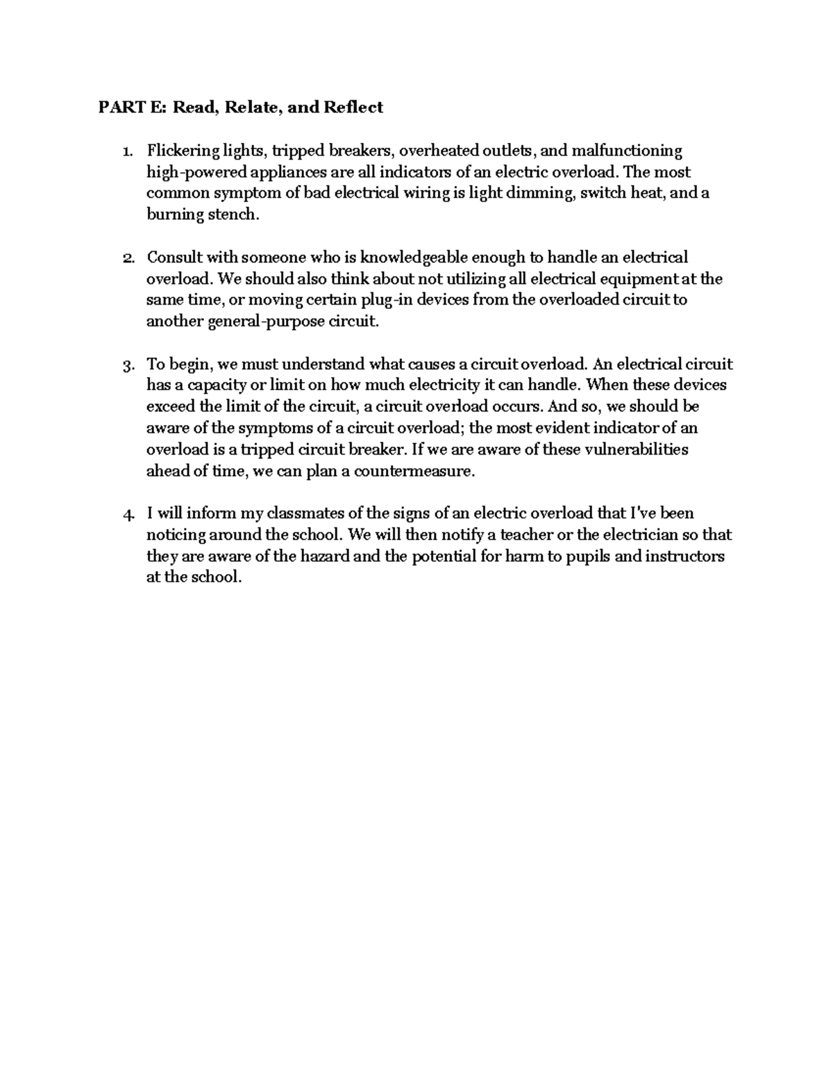 PART E Read, Relate, and Reflect - PART E: Read, Relate, and Reflect Flickering lights, tripped ...