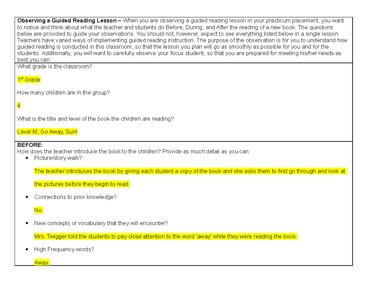 Guided Reading Lesson Observations - Observing a Guided Reading Lesson ...