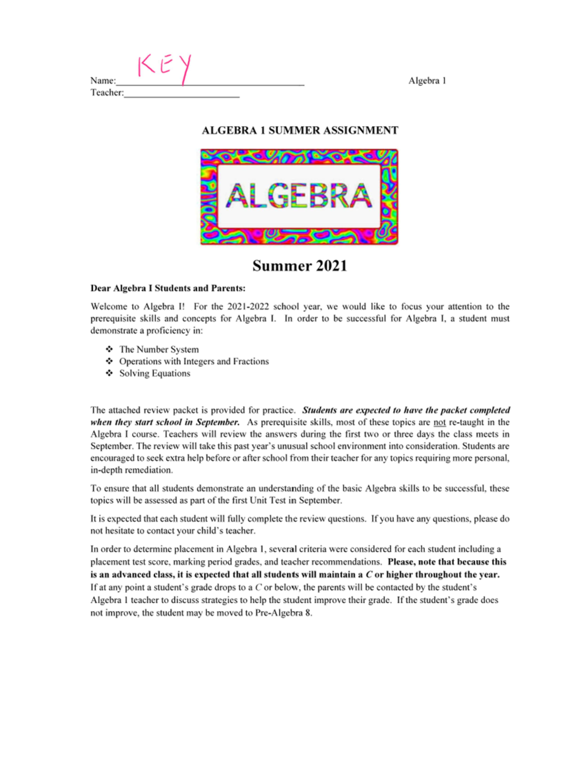 Algebra Summer Packet 2021-2022 - KEY - Studocu