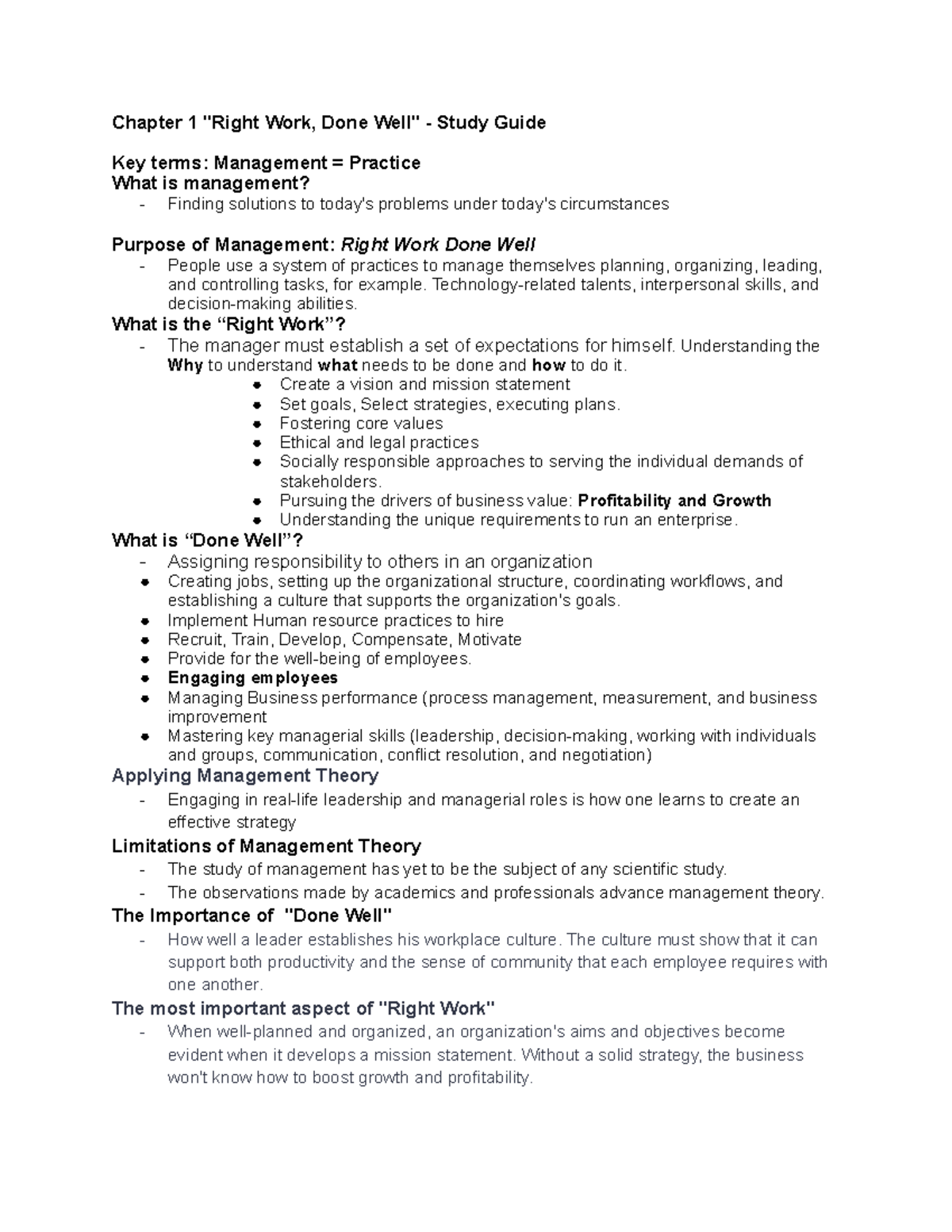 Intro to Management- Chapter 1 - Chapter 1 "Right Work, Done Well ...