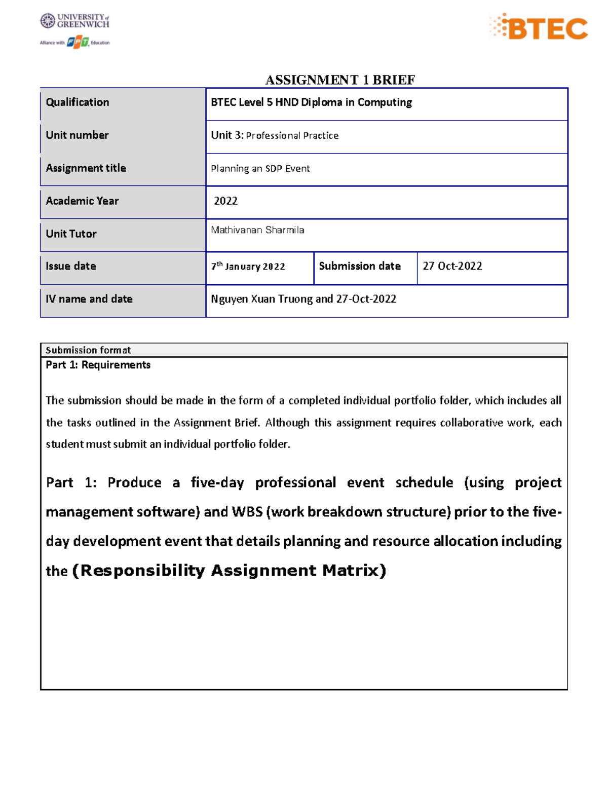Nguyen Xuan Truong- Gcs210649-Asm1 - ASSIGNMENT 1 BRIEF Qualification BTEC Level 5 HND Diploma ...