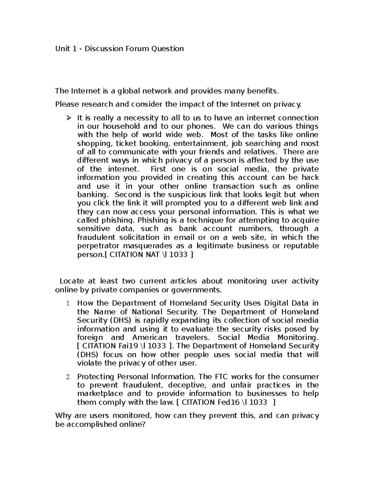 Discussion-forum-unit-1 Answer - Unit 1 - Discussion Forum Question The ...