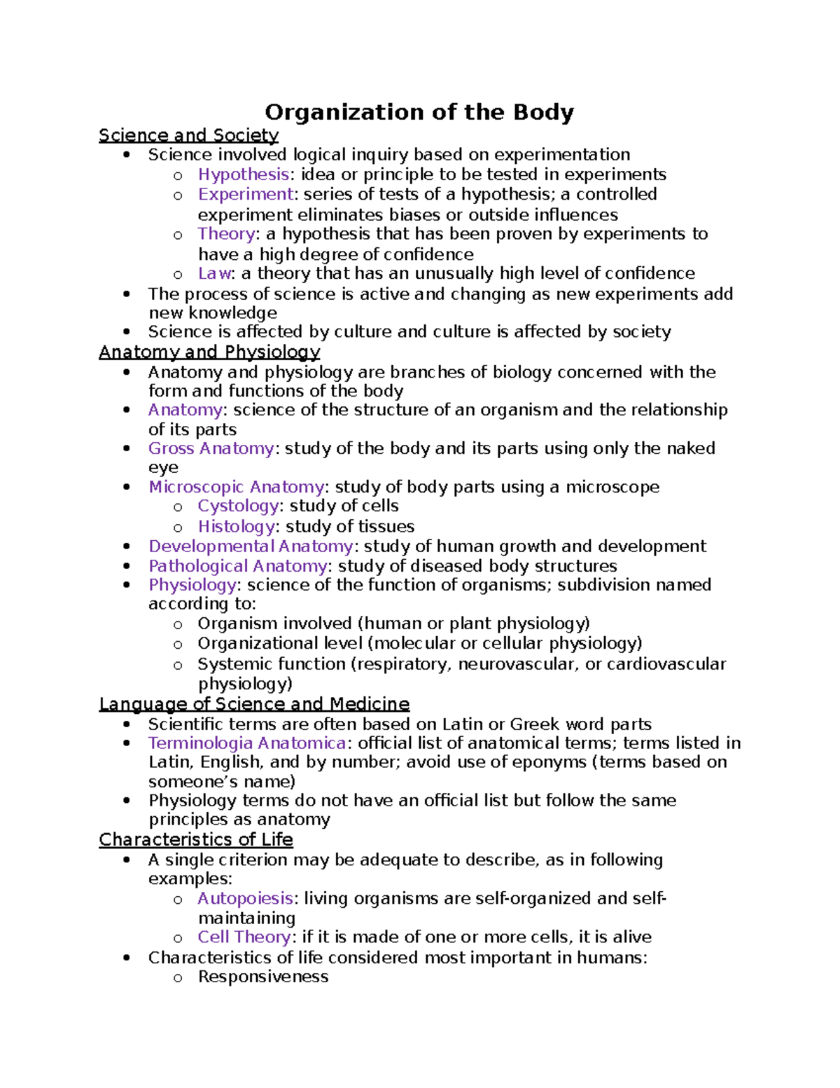 Chapter 1- Organization of the Body - Organization of the Body Science ...