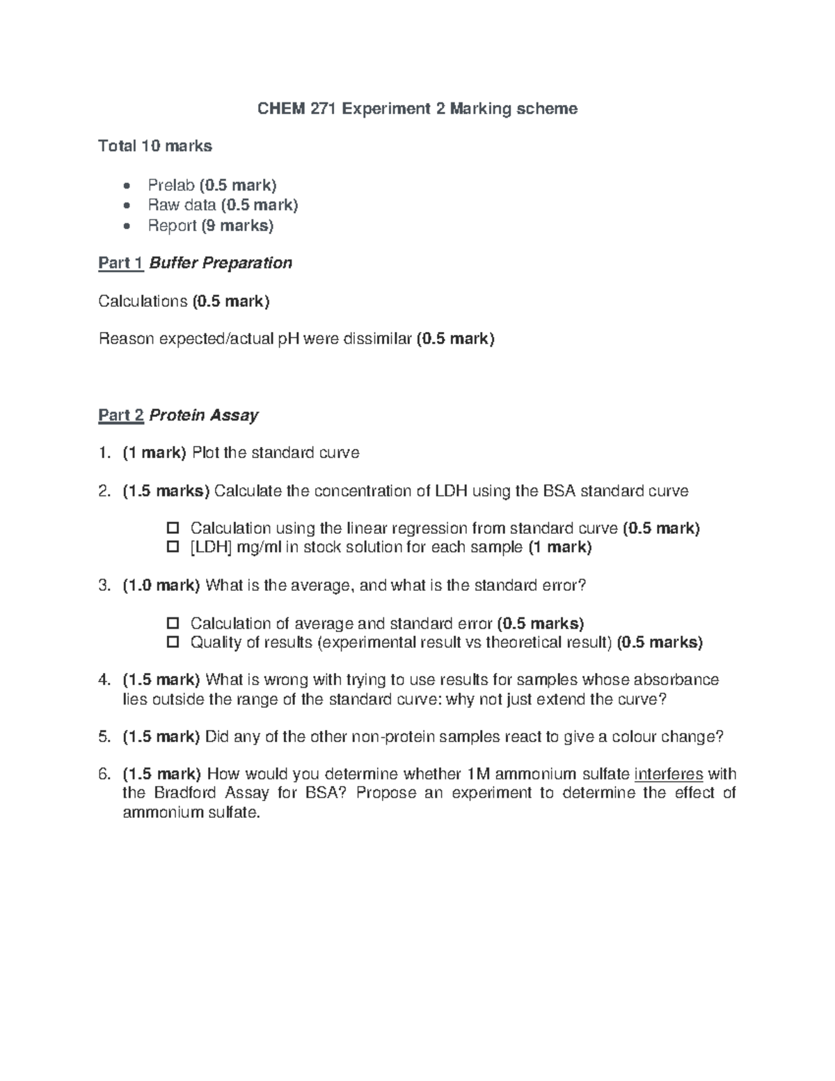 CHEM 271 Experiment 2 Marking scheme - CHEM 271 Experiment 2 Marking ...