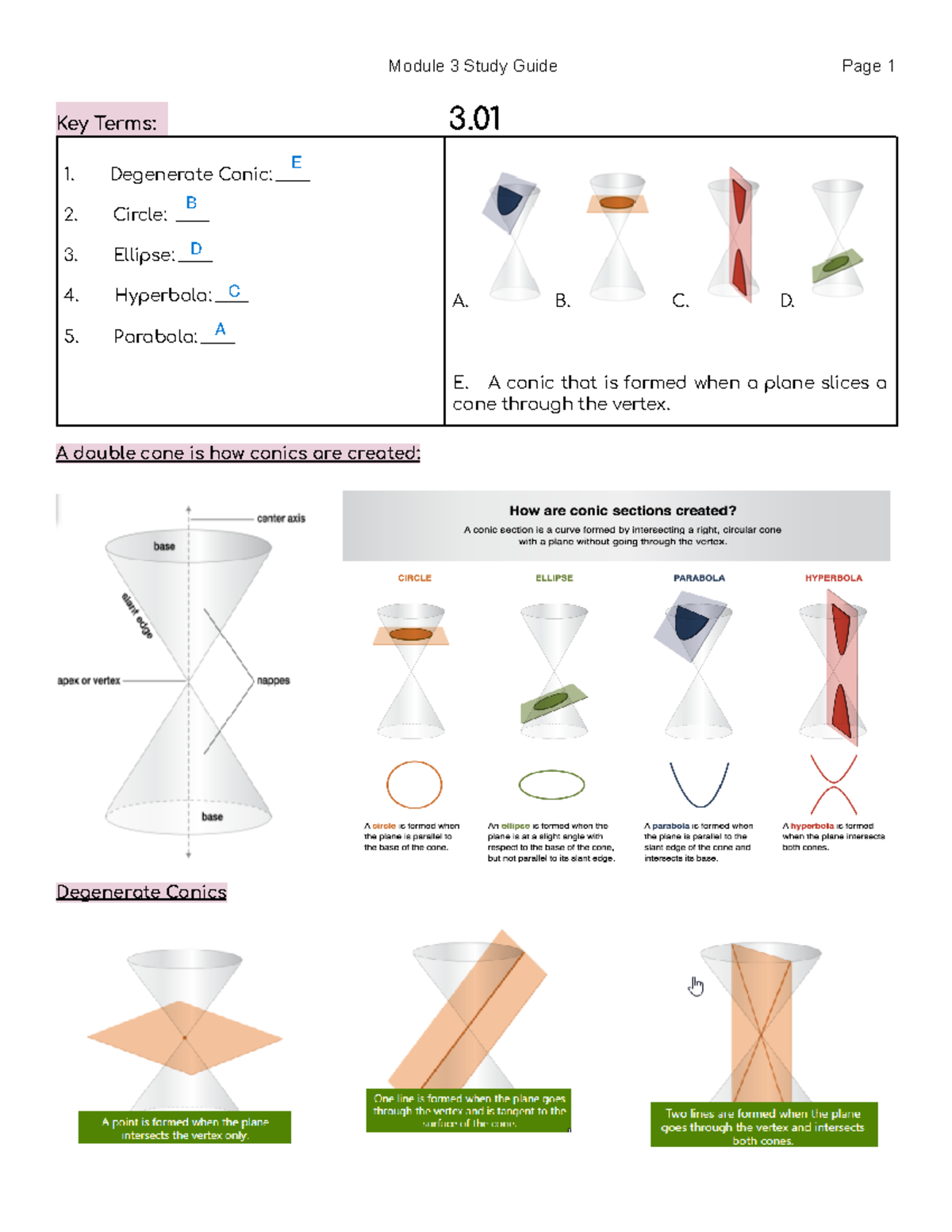 Study Guide -Module 3 - Conic Sections - Module 3 Study Guide Page 1 Key Terms: 3. 1. Degenerate ...