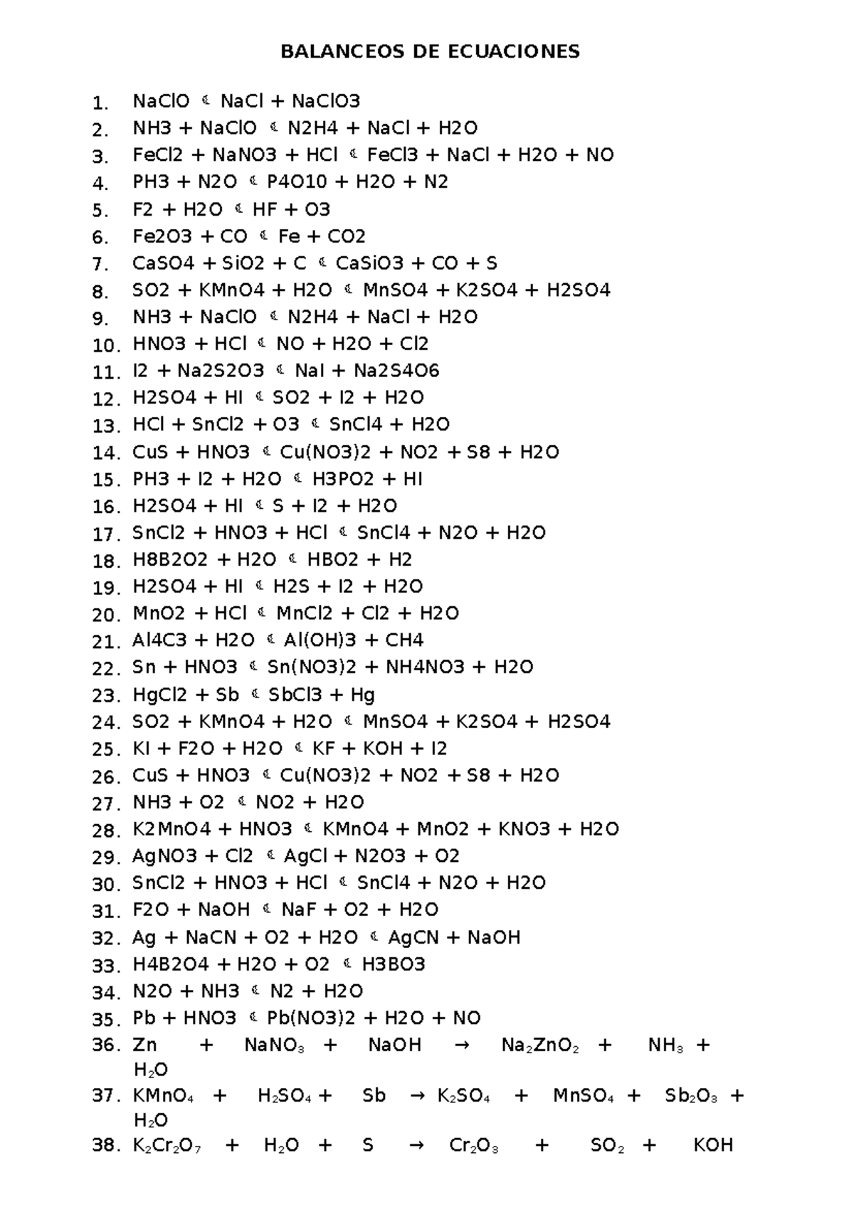 Balanceo de ecuaciones - BALANCEOS DE ECUACIONES NaClO NaCl + NaClO NH3 ...