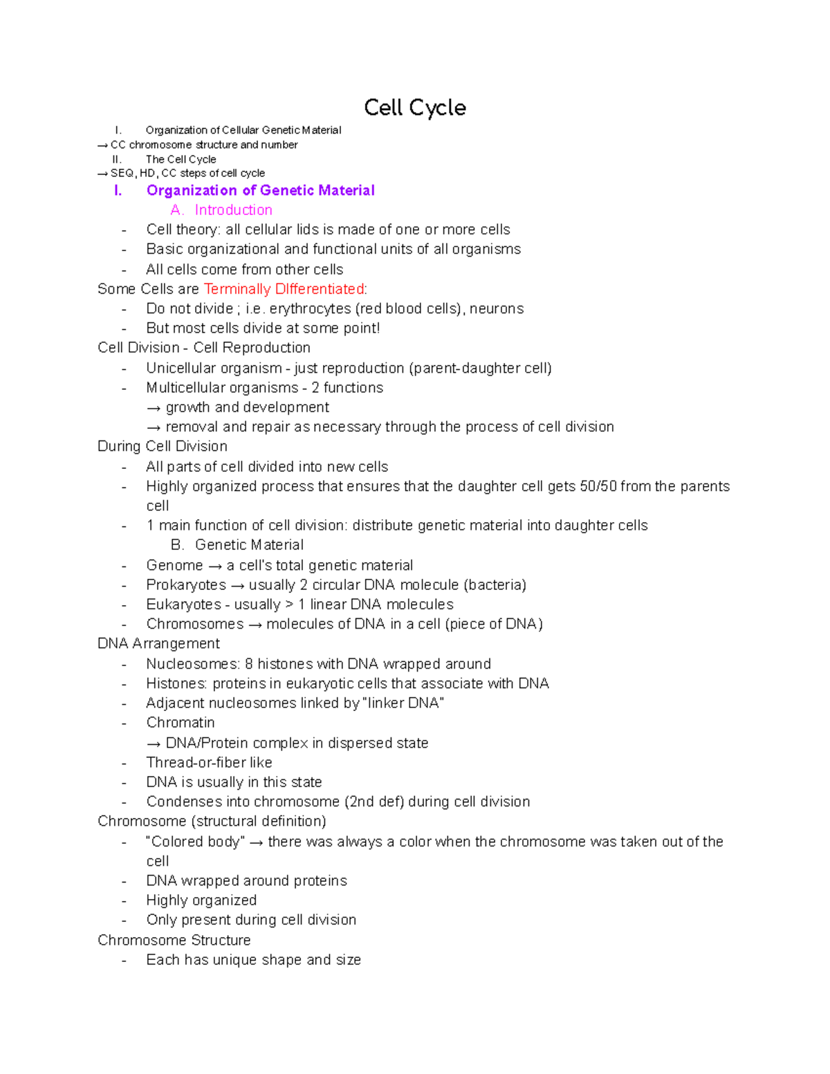 Cell Cycle Gen Bio 115 Notes - Cell Cycle I. Organization of Cellular ...