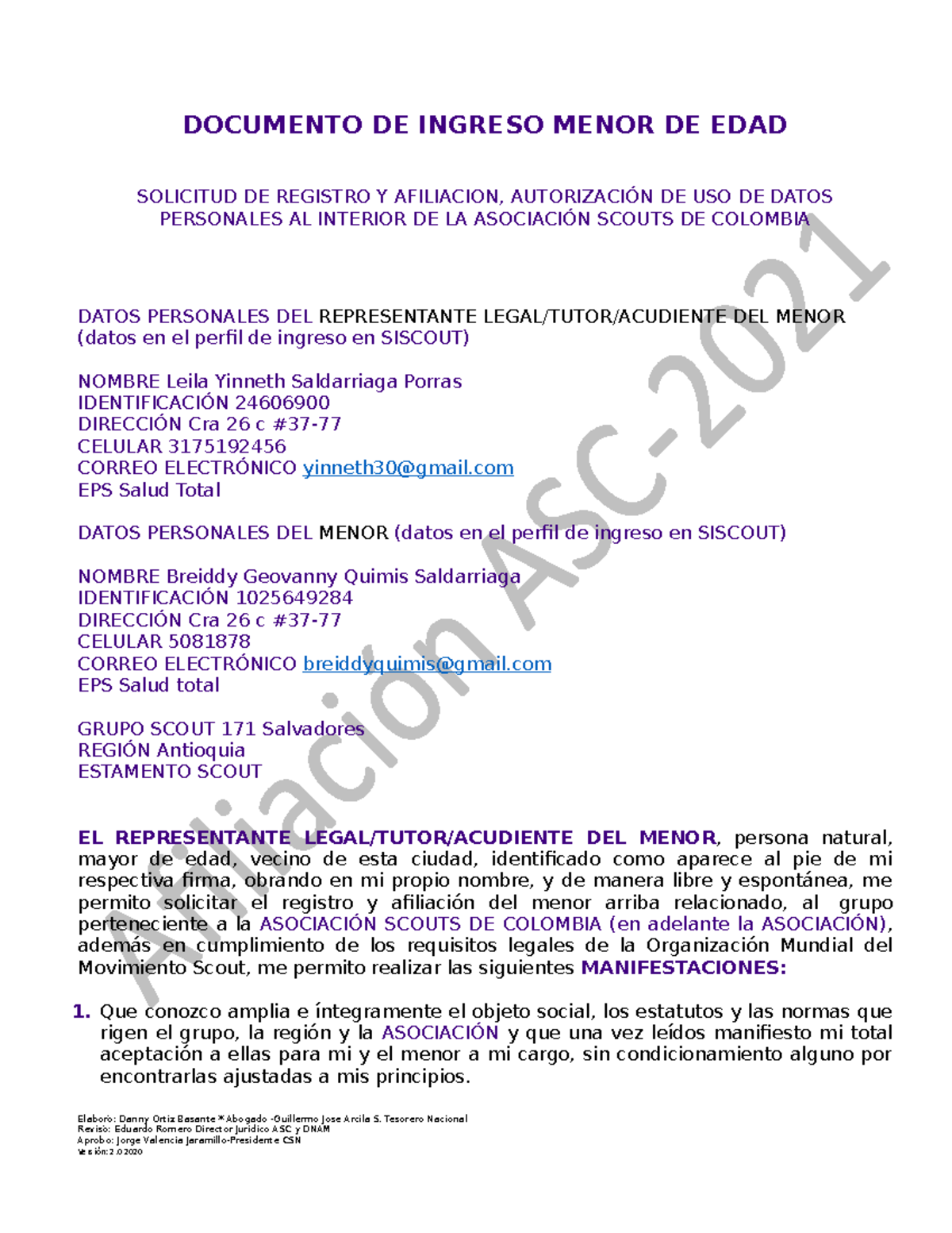 Autorizacion de Registro y Afiliacion menor de edad ASC-2021 word - DOCUMENTO DE INGRESO MENOR ...