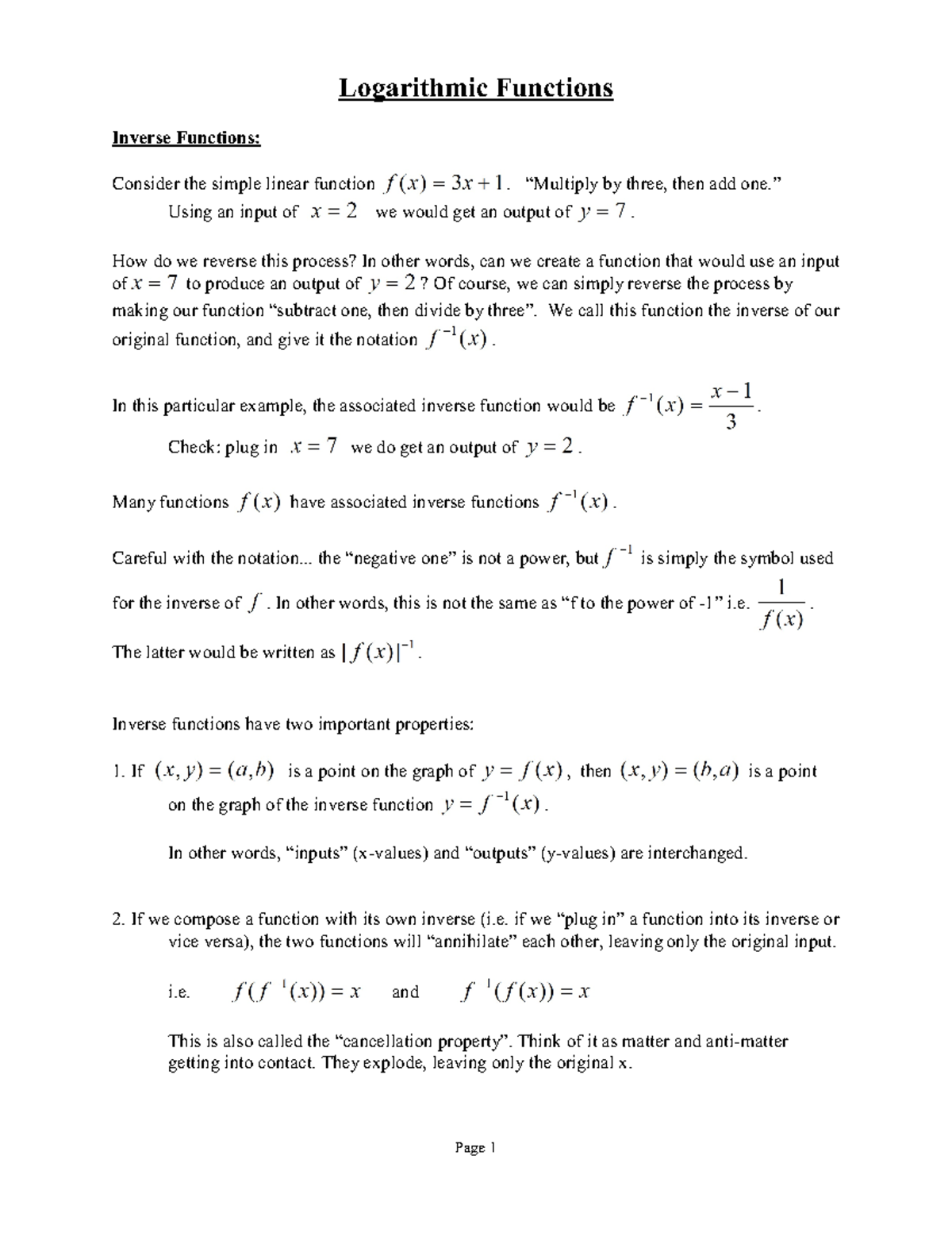 Notes Logarithmic Functions Logarithmic Functions Inverse Functions Consider The Simple