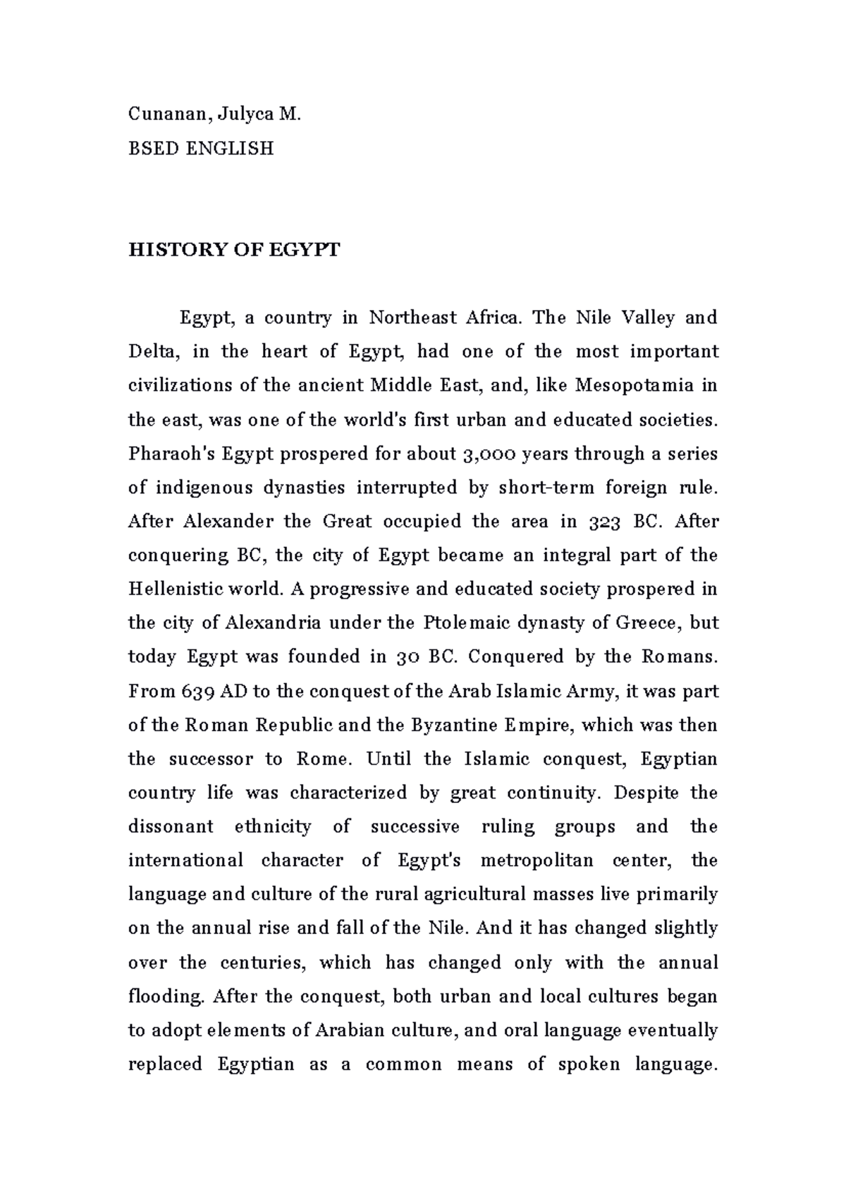History OF Egypt - LECTURE - Cunanan, Julyca M. BSED ENGLISH HISTORY OF ...