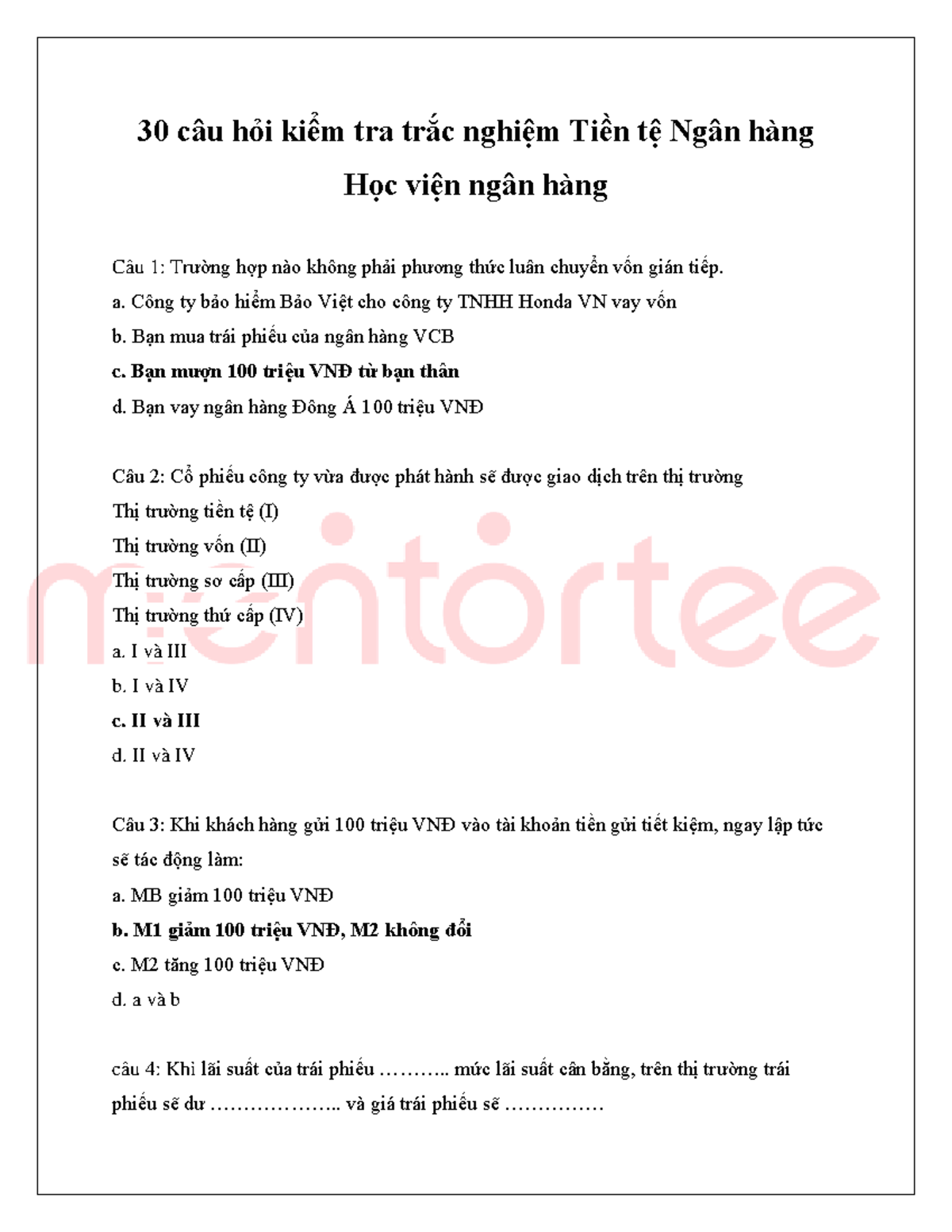 30 cau hoi kiem tra trac nghiem tien te ngan hang hoc vien ngan hang - 30 câu hỏi kiểm tra trắc ...