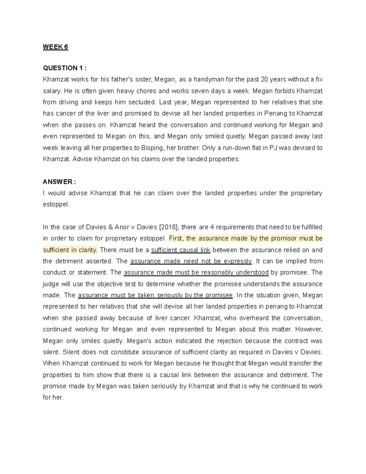 WEEK 6 - Tutorial [PE] - Sample question & answer for Proprietary Estoppel. Cross refer with ...