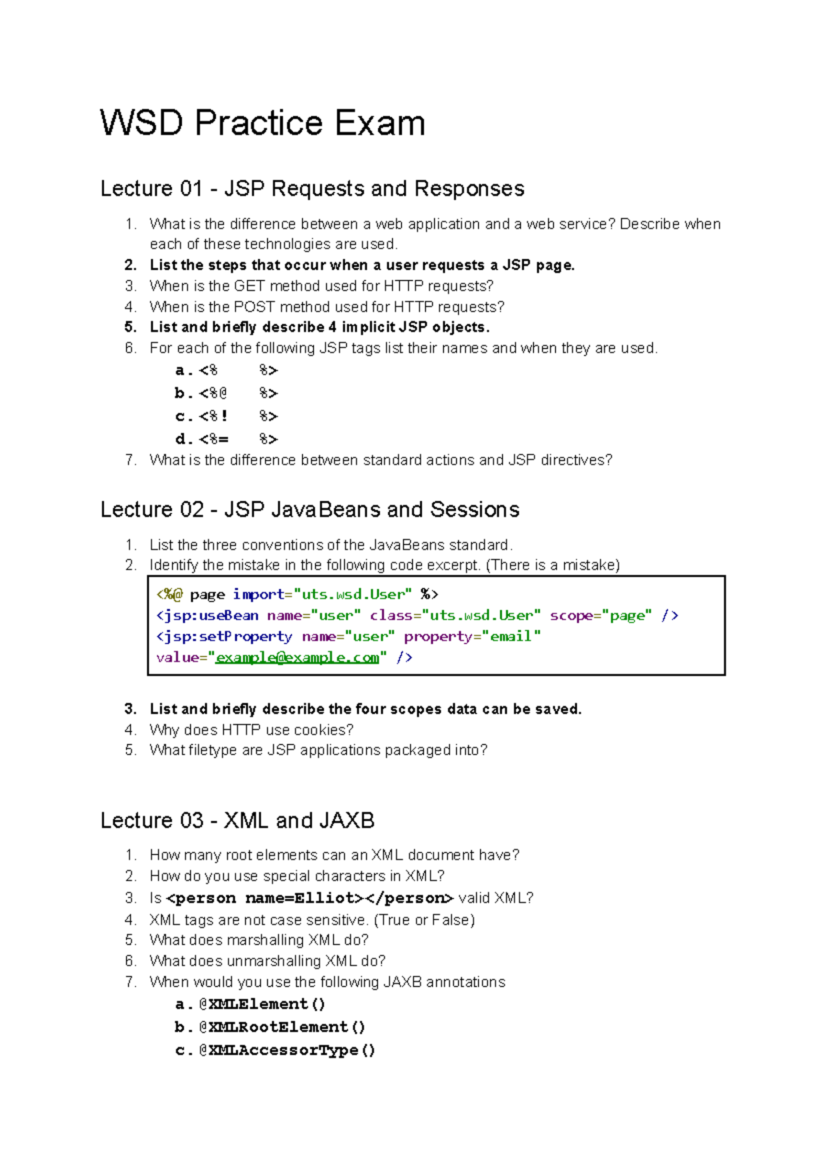 Sample/practice exam 2016, questions and answers - WSD Practice Exam Lecture 01 JSP Requests and ...