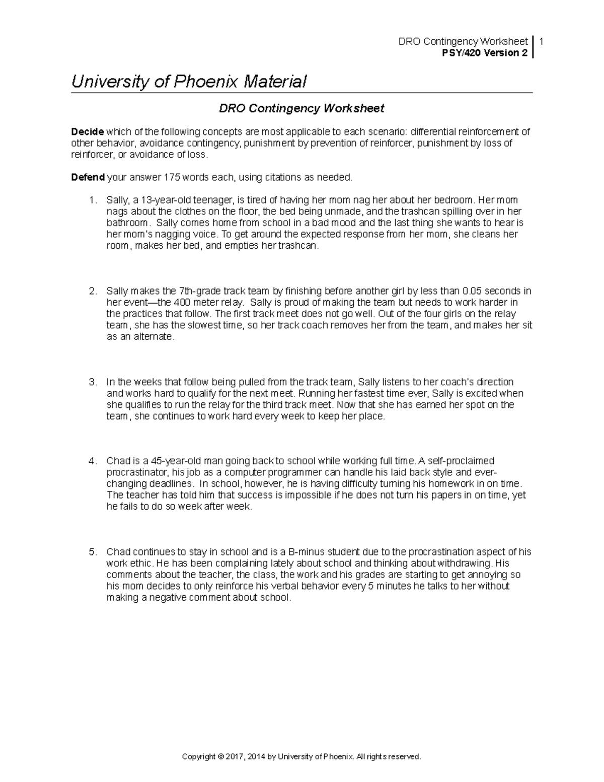 PSY420r2 DRO Worksheet - DRO Contingency Worksheet PSY/420 Version 2 1 ...