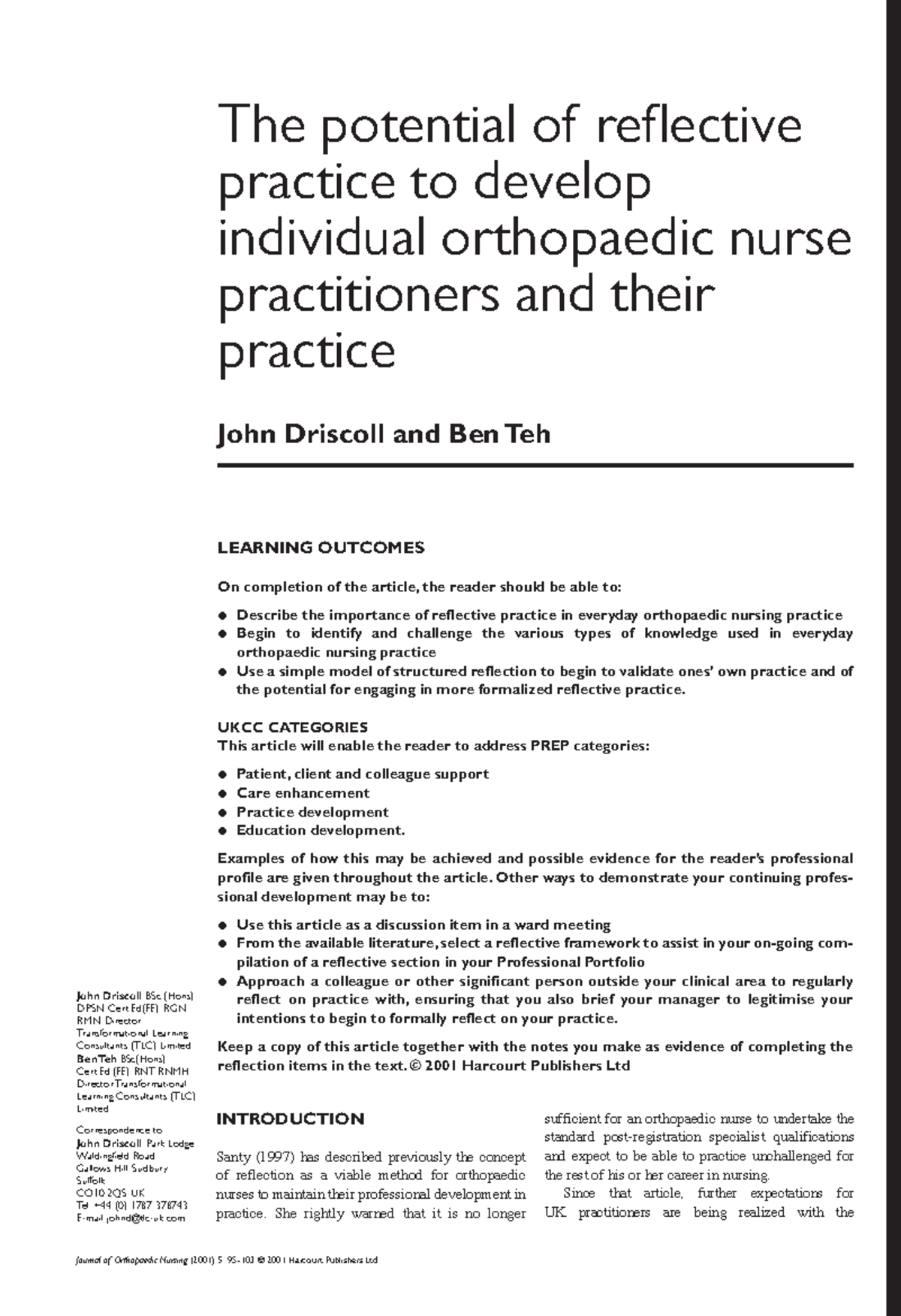 Driscoll, J Teh, B - The potential of reflective practice - nursing ...
