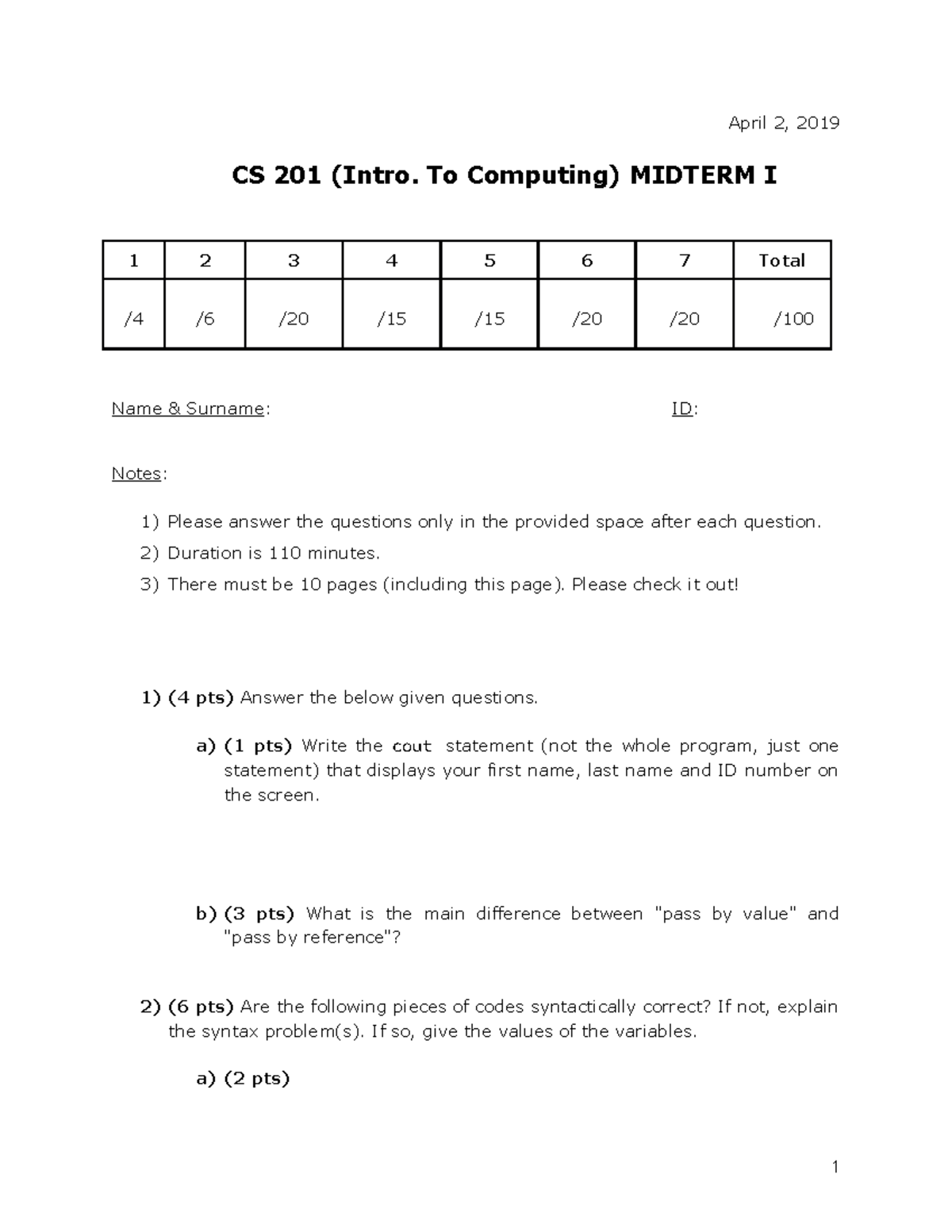 Spring 2019 Midterm 1 April 2 2019 Cs 201 Intro To Computing