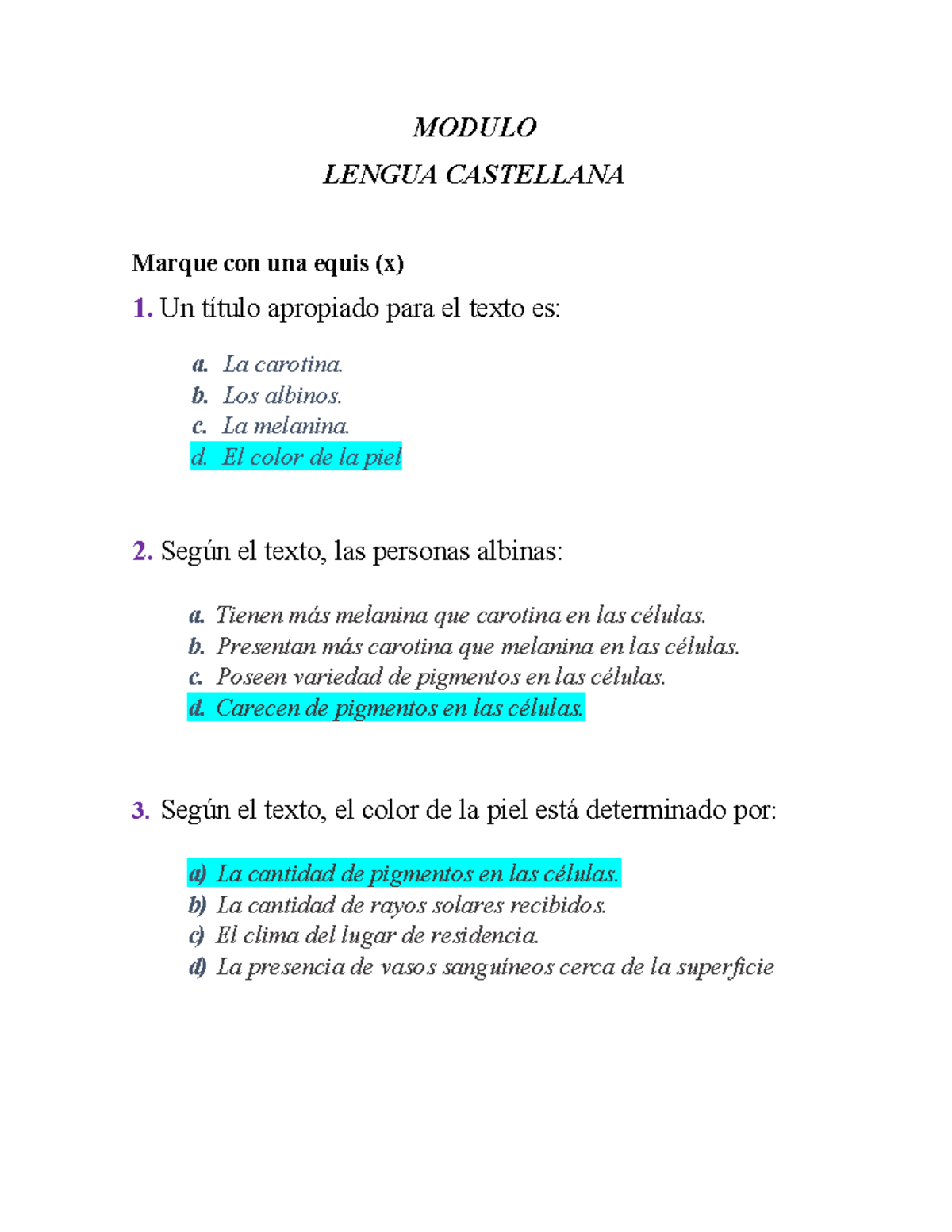 español castellano - MODULO LENGUA CASTELLANA Marque con una equis (x ...