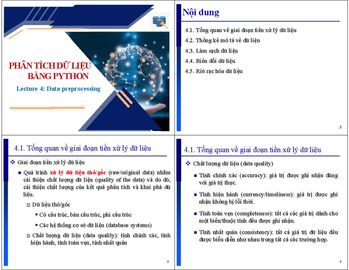 Lecture 4-Data preprocessing-SV-new-2024 - Lecture 4: Data preprocessing PHÂN TÍCH DỮ LIỆU BẰNG ...