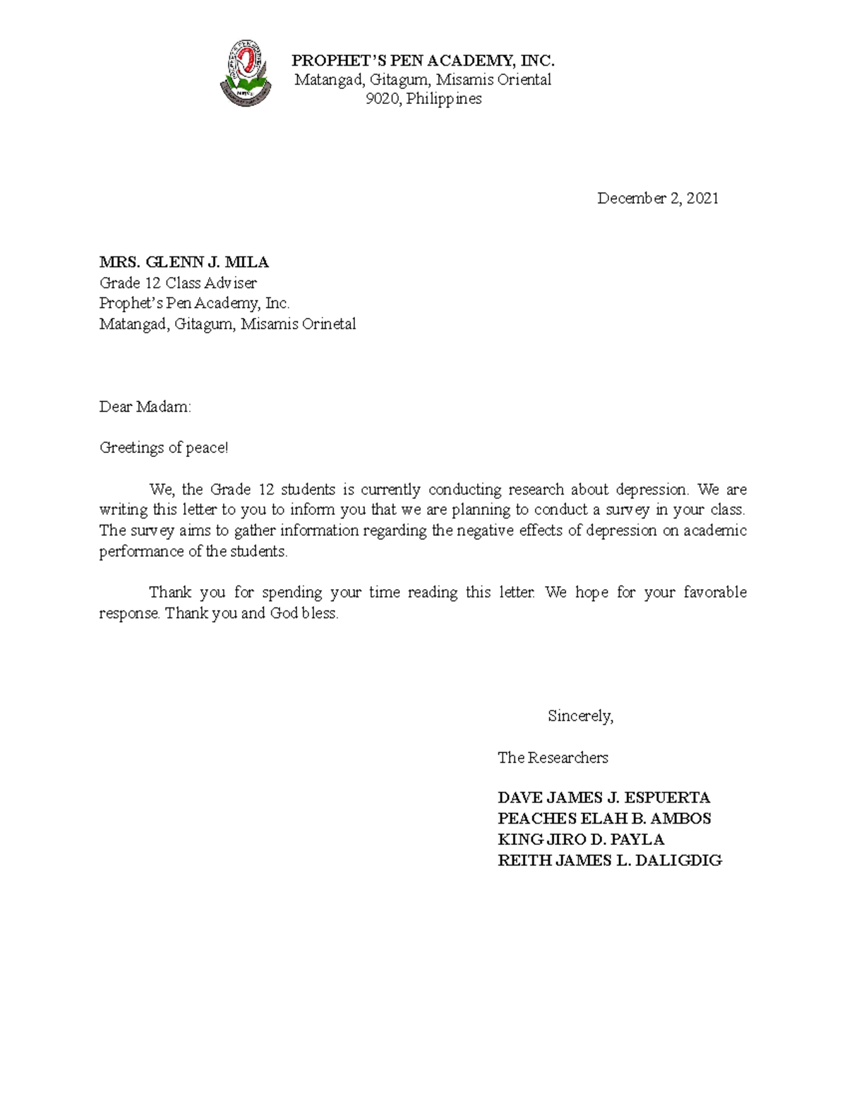 Letter Research examples - PROPHET’S PEN ACADEMY, INC. Matangad ...