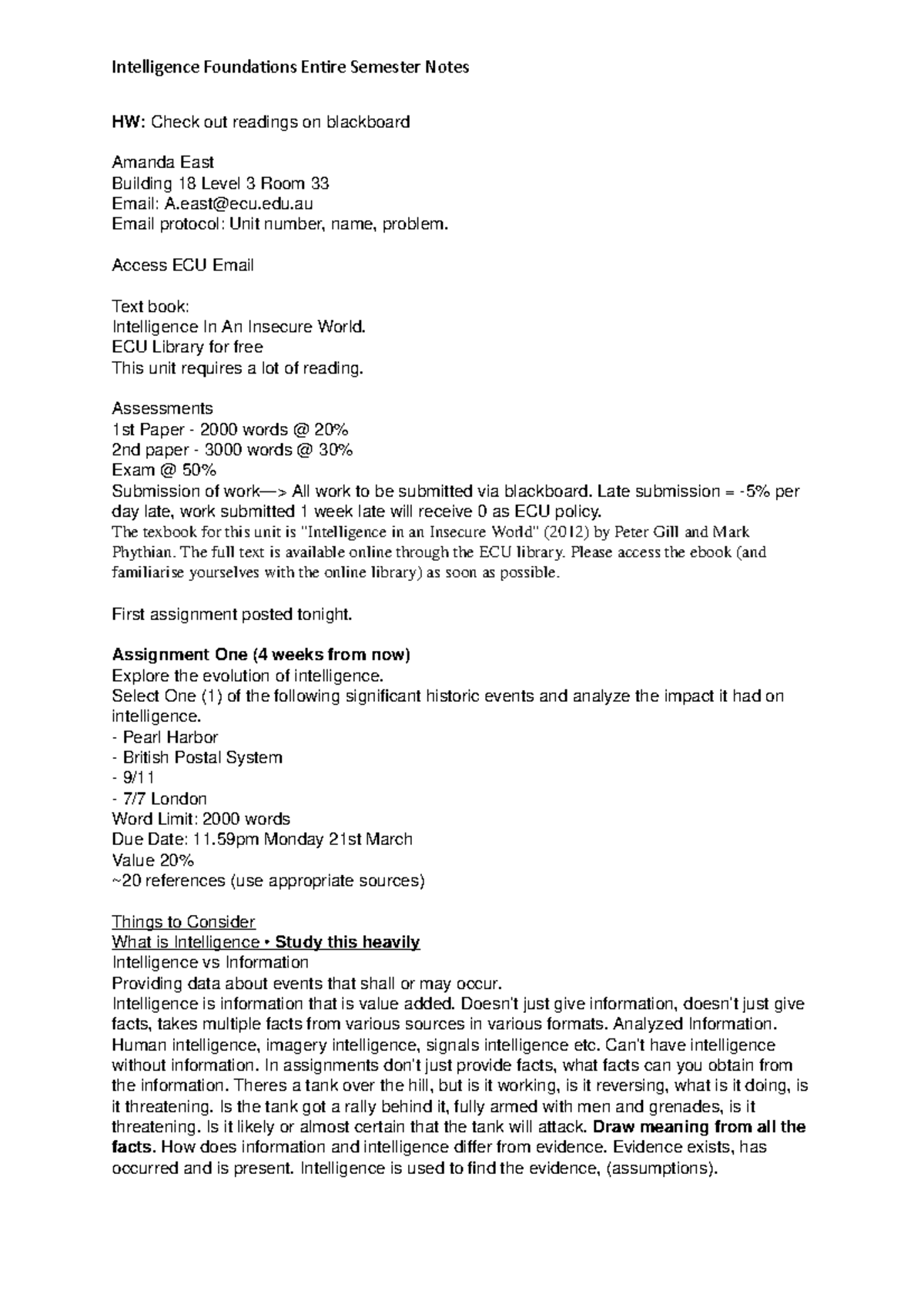 Intelligence Foundations Notes - HW: Check out readings on blackboard ...