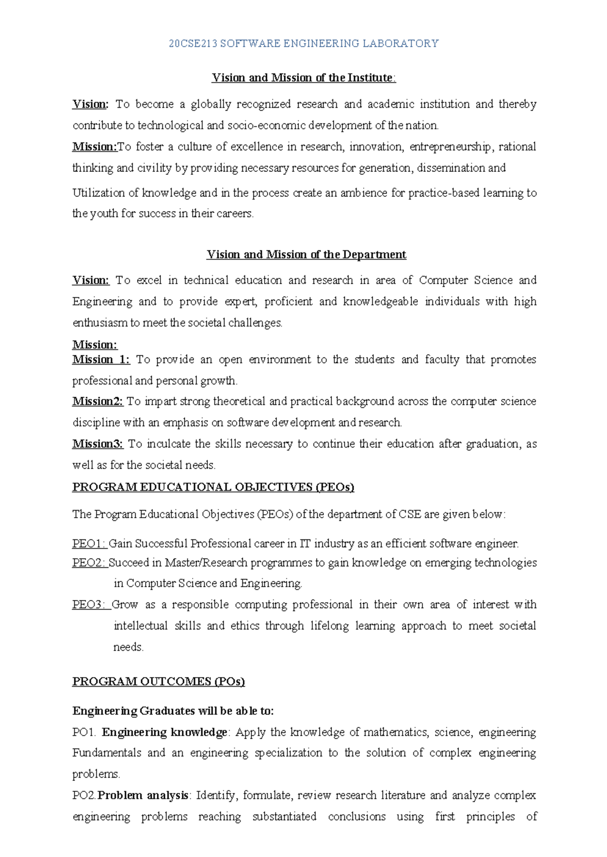 SE LAB - About software Engineering - Vision and Mission of the ...