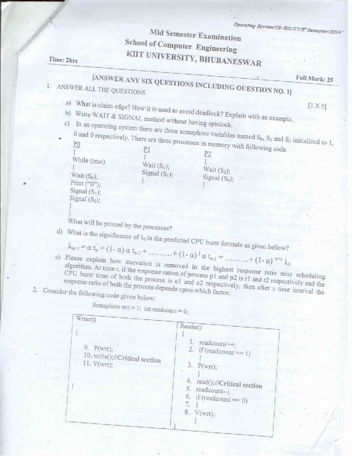 OS Midsem papers solved 2014 - Operating Systems - KIIT University - Studocu